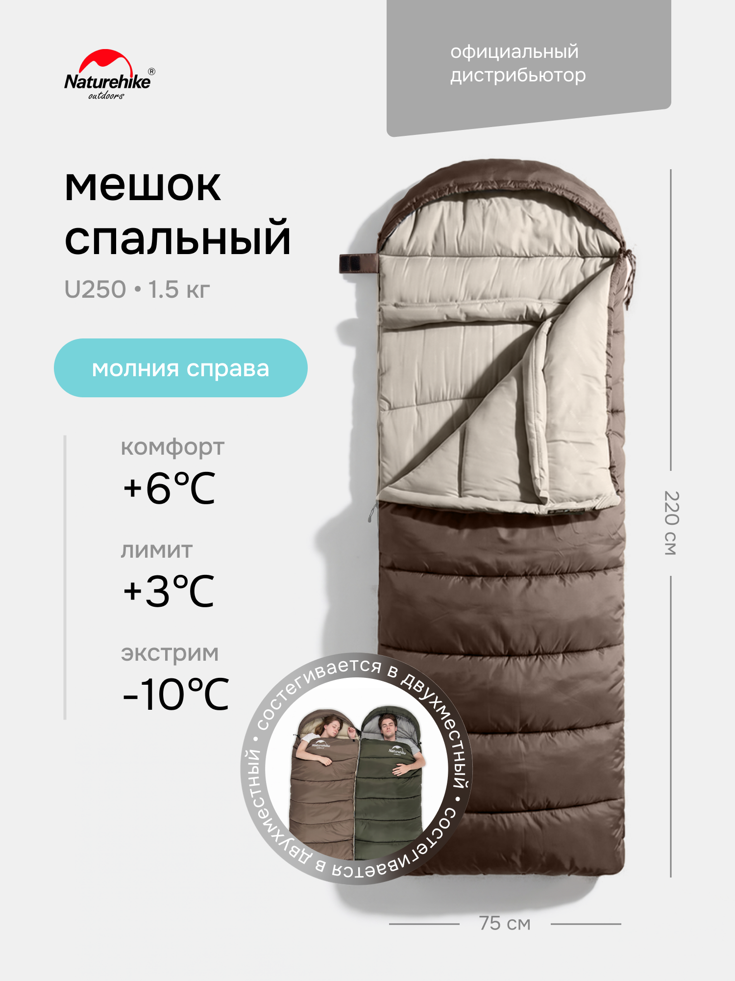 Спальный мешок Naturehike u250 / до -10С, 1.5 кг, коричневый, молния справа / состегивается в двухместный спальник