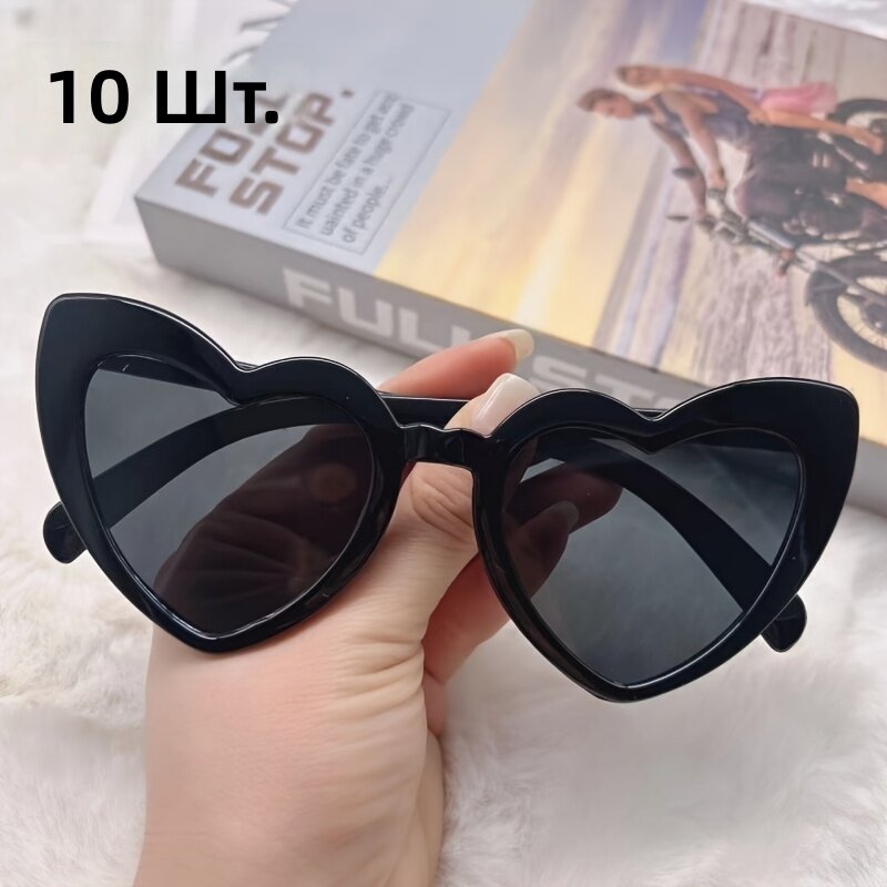 Декоративные очки для фотозоны и вечеринок, форма сердца, стиль cat-eye, черные, 10 шт.