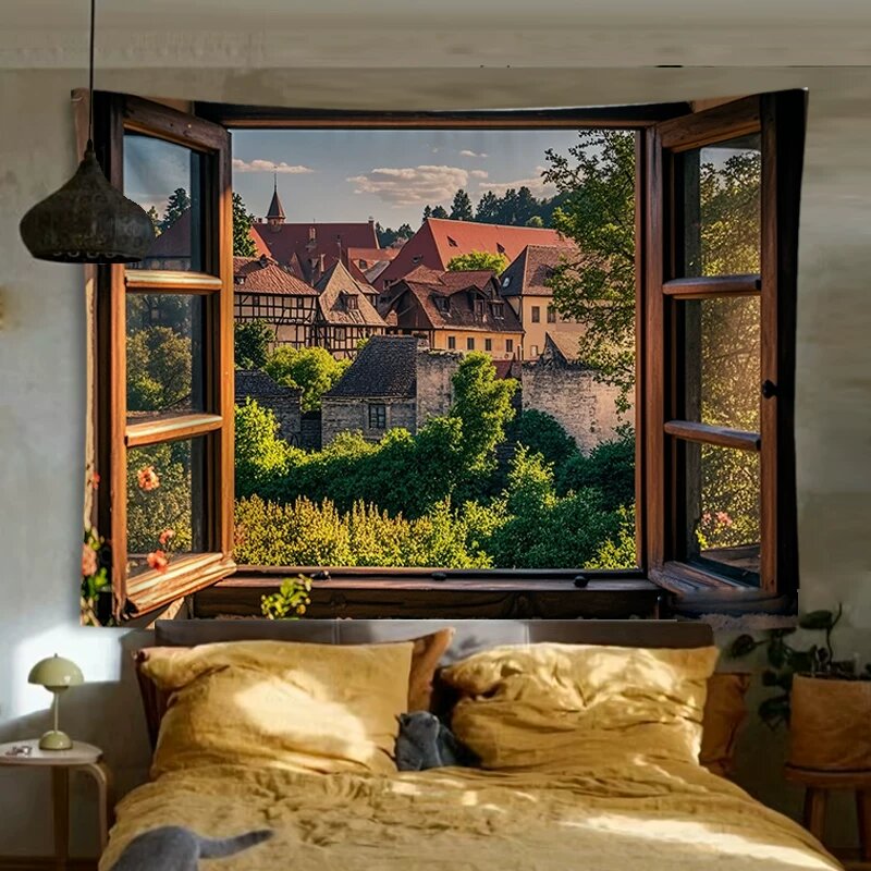 Винтажная ткань с оконным узором и 6м светодиодной лентой, 150x300 см, бархатная ткань с комплектом крепления для