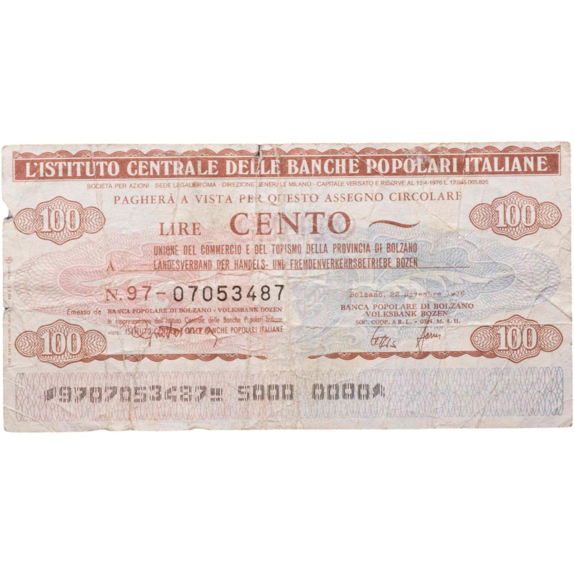 Италия банковский чек 100 лир 1976