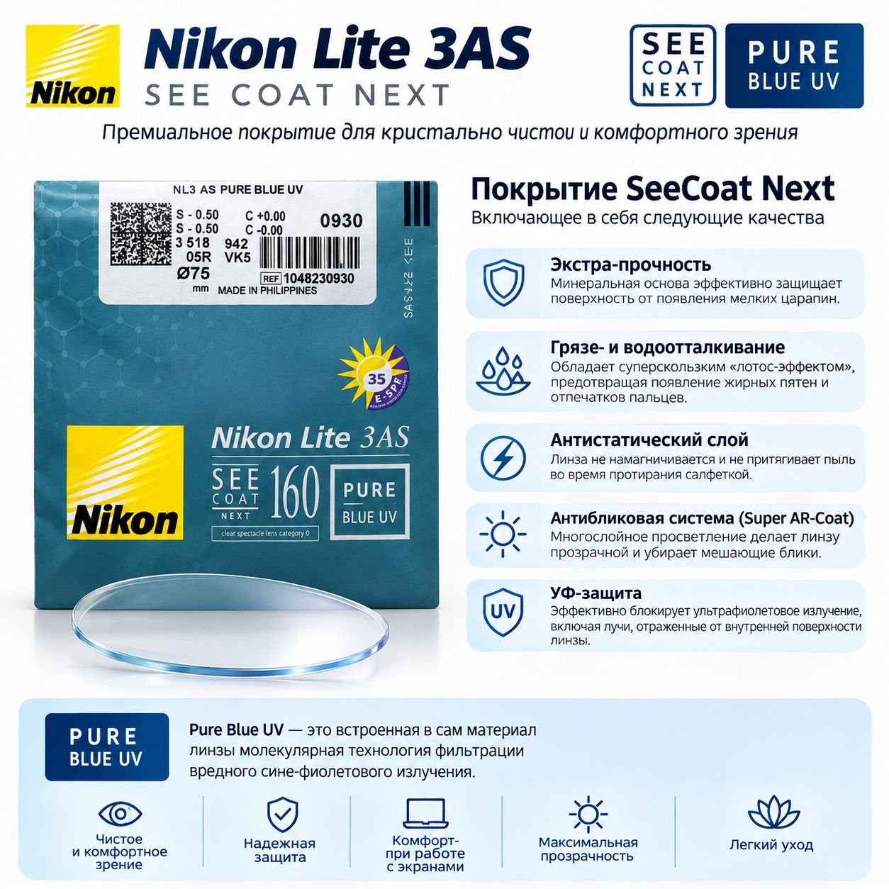 Линза Очковая Полимерная Астигматическая Nikon As 1.60 Pure Blue UV d65 с защитой от Uv и синего спектра