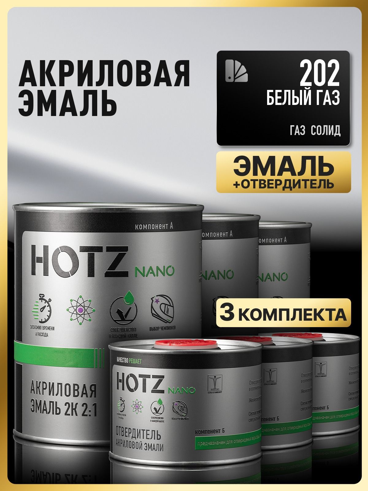 Акриловая краска автомобильная, Белый ГАЗ 202 , 3 Комплекта 2К 4:1 (эмаль: 1000 мл + отвердитель: 500 мл), HOTZ