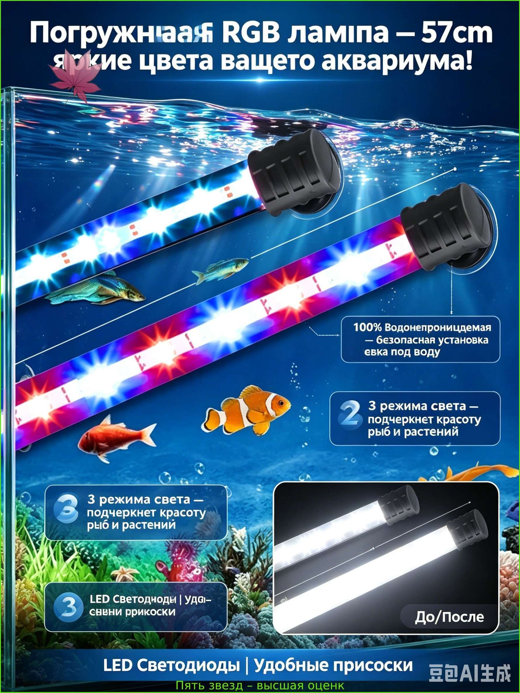 Светильник лампа для аквариума AIBAO Т4KG-30LED длина 57см, 4 Вт, 3 режима цвета, светодиодный