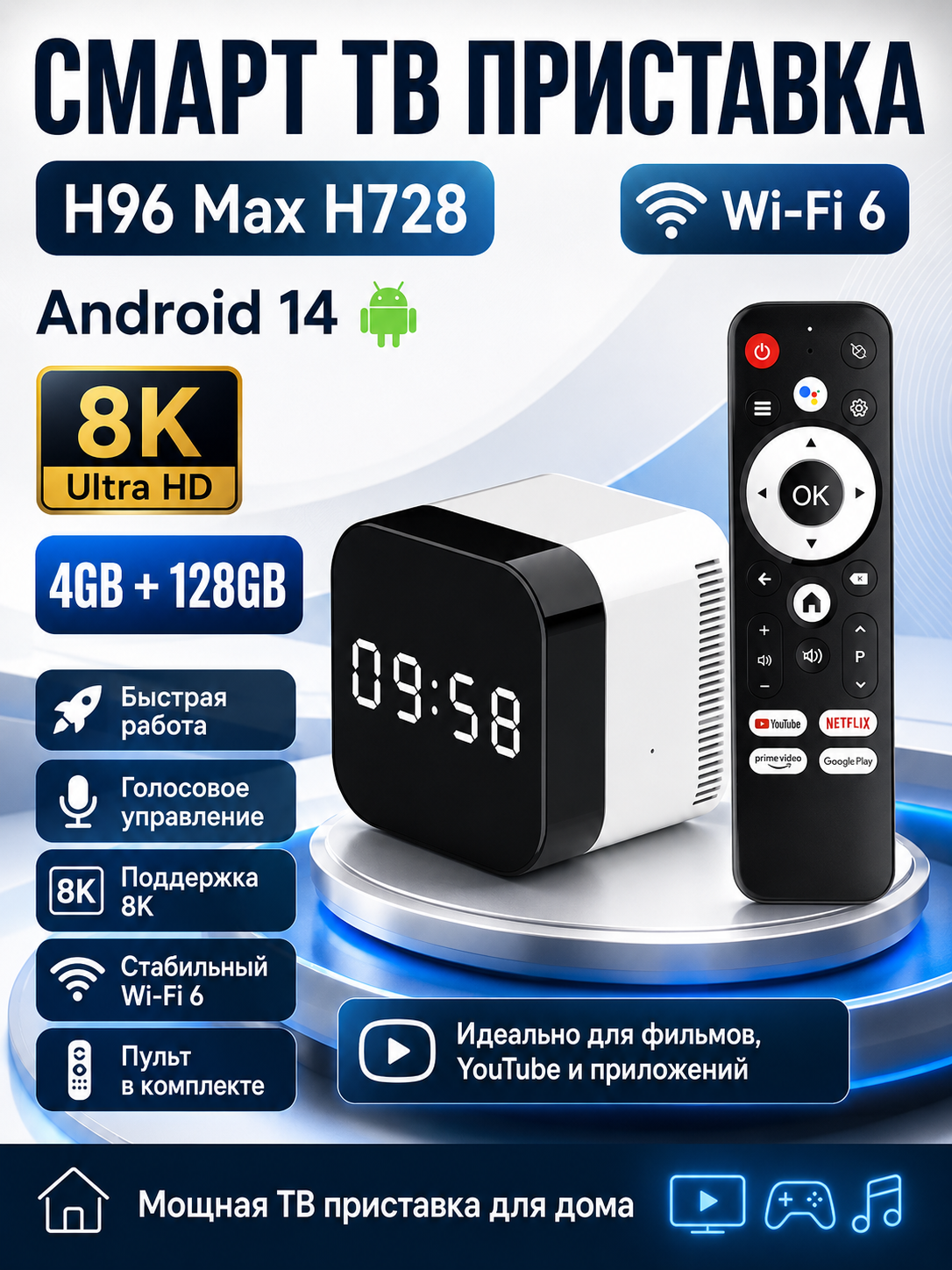 Умная ТВ приставка H96 MAX H728 TV Box на Android 14: 128GB Поддержка 8K/4K@60fps, Wi-Fi 6, BT 5.0, AV1, HDR10+, голосовой помощник, часы