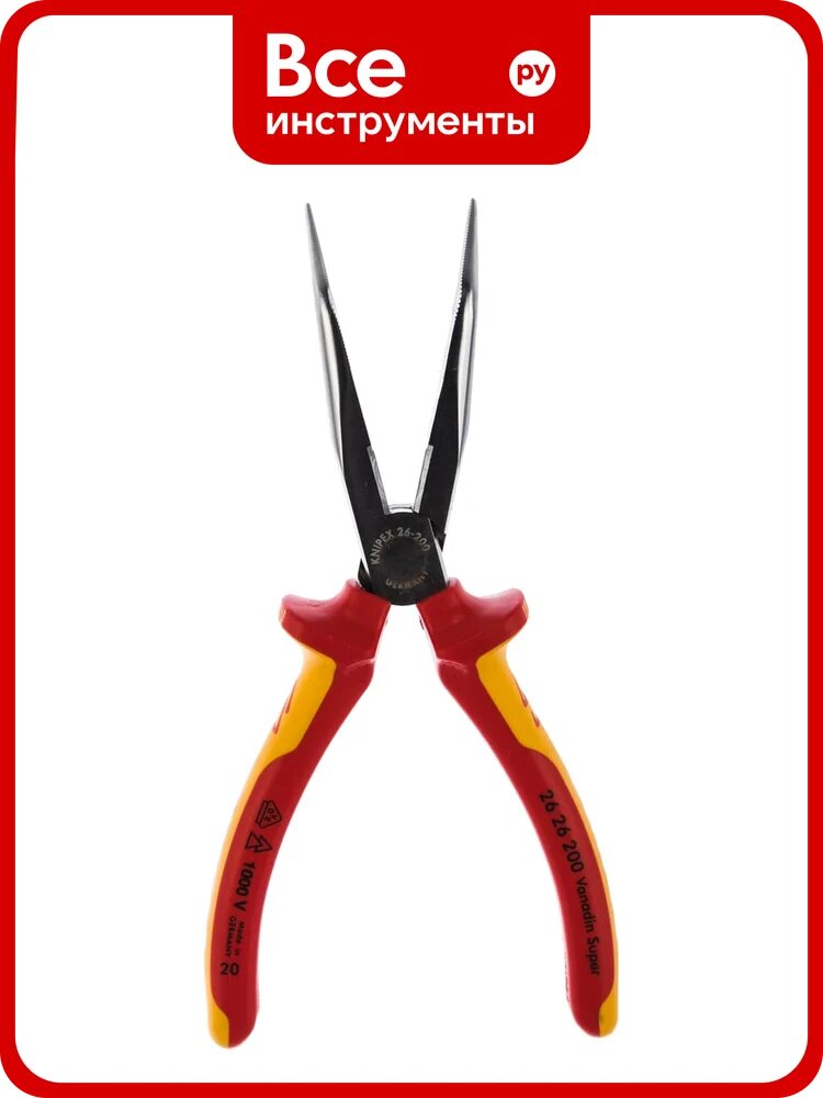 Длинногубцы с резцом KNIPEX KN-2626200 изогнутые губки из стали, двойные рукоятки‑чехлы, диэлектрическое покрытие