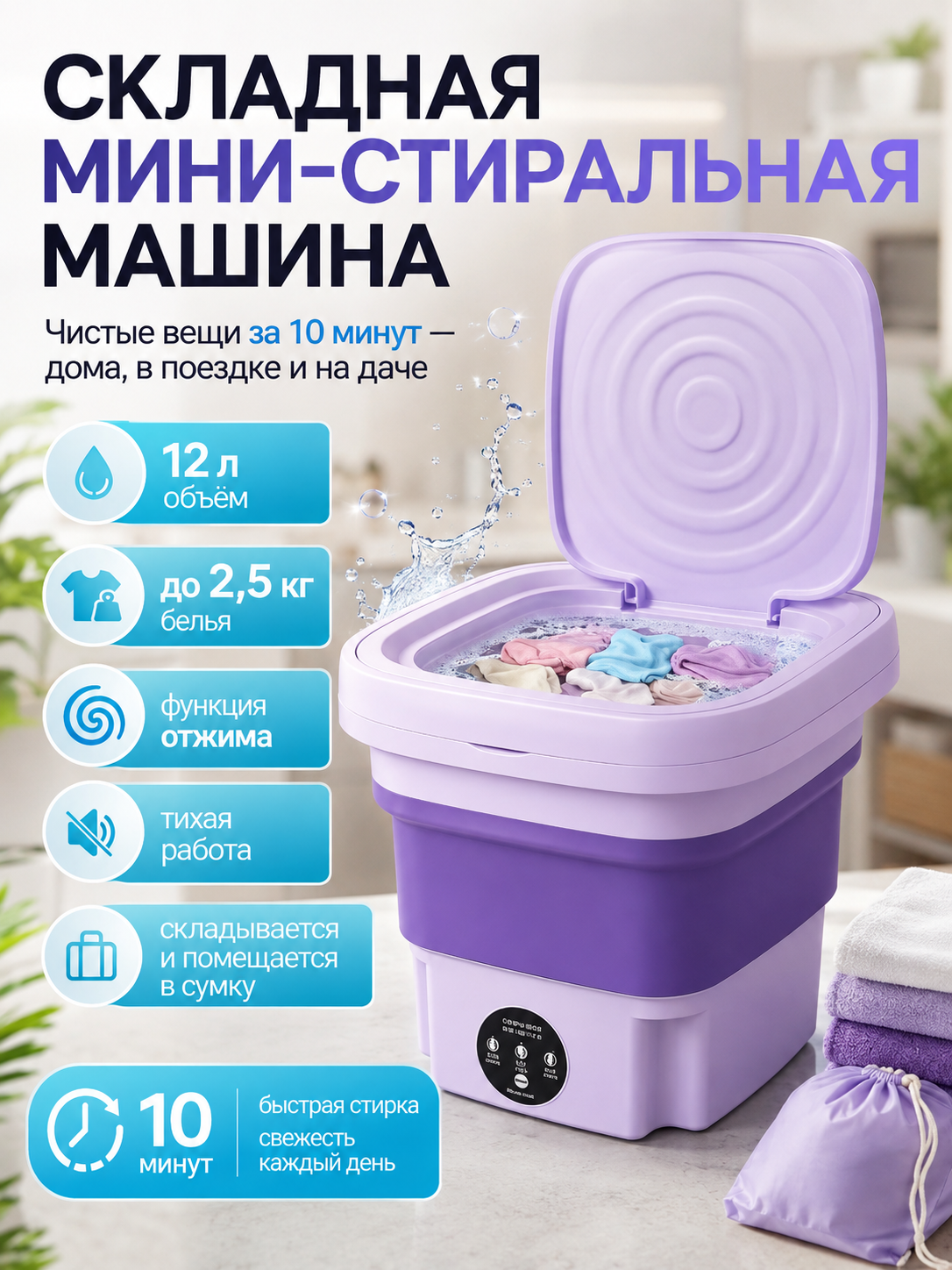 Складная мини-стиральная машина 12 л, с функцией отжима, для дома, дачи и поездок