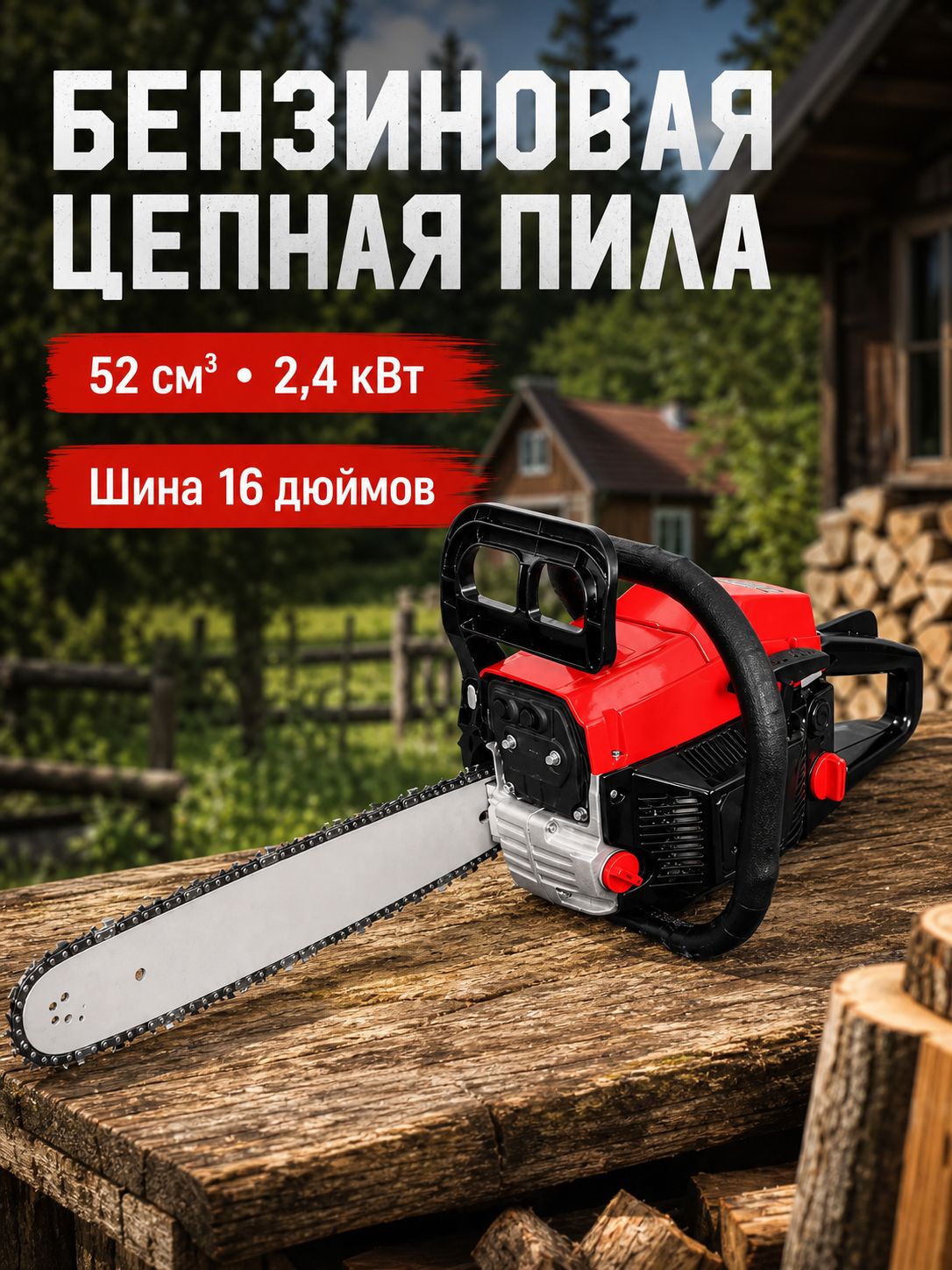 Бензиновая цепная пила 52 см , мощность 2,4 кВт, шина 16 дюймов, для распиловки древесины, заготовки дров и садовых работ