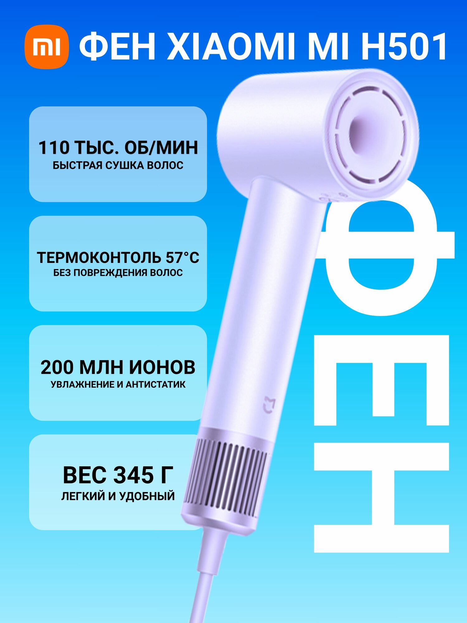 Фен для волос Mi Home H501, высокоскоростной бесщеточный мотор 110000 об/мин, 200 млн отрицательных ионов, термостатирование 57C, легкий корпус 345 г, тихий, для сухих и поврежденных волос