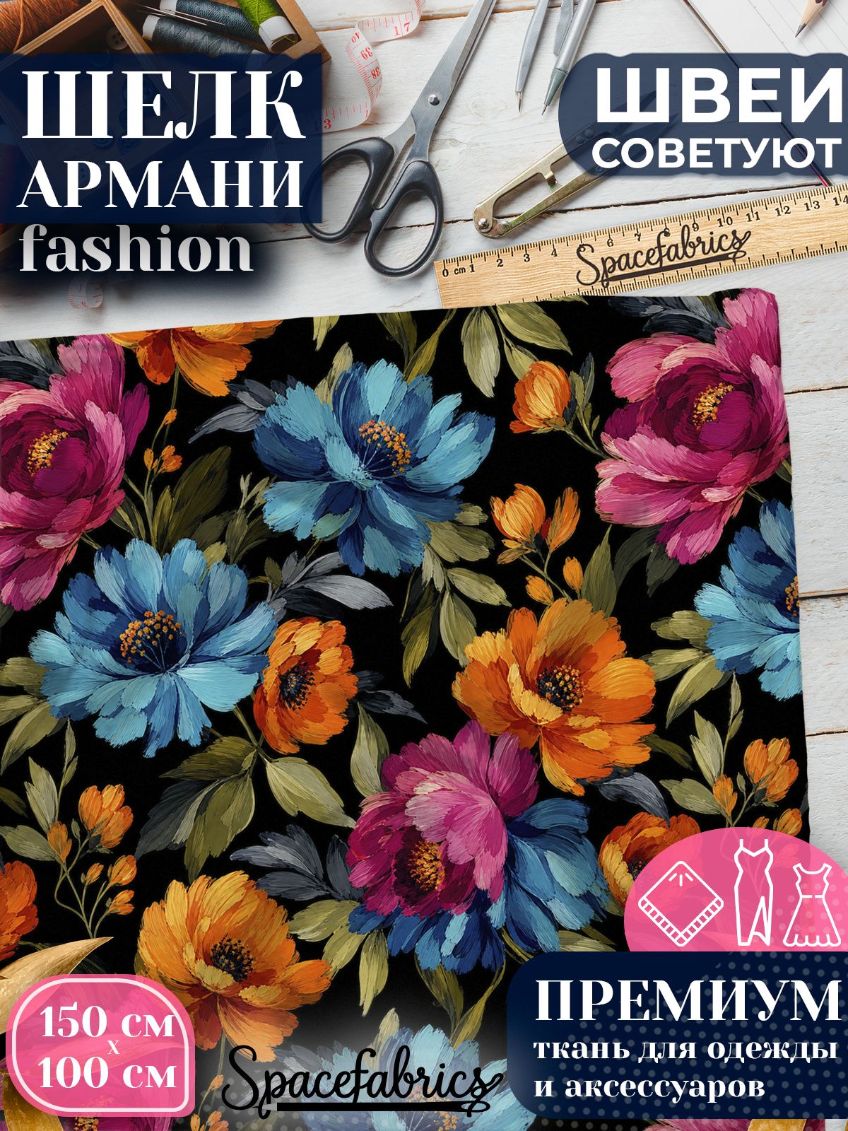 Ткань для шитья шелк Армани, искусственный атлас шелк для костюмов, платьев, юбок с принтом Космеи и пионы