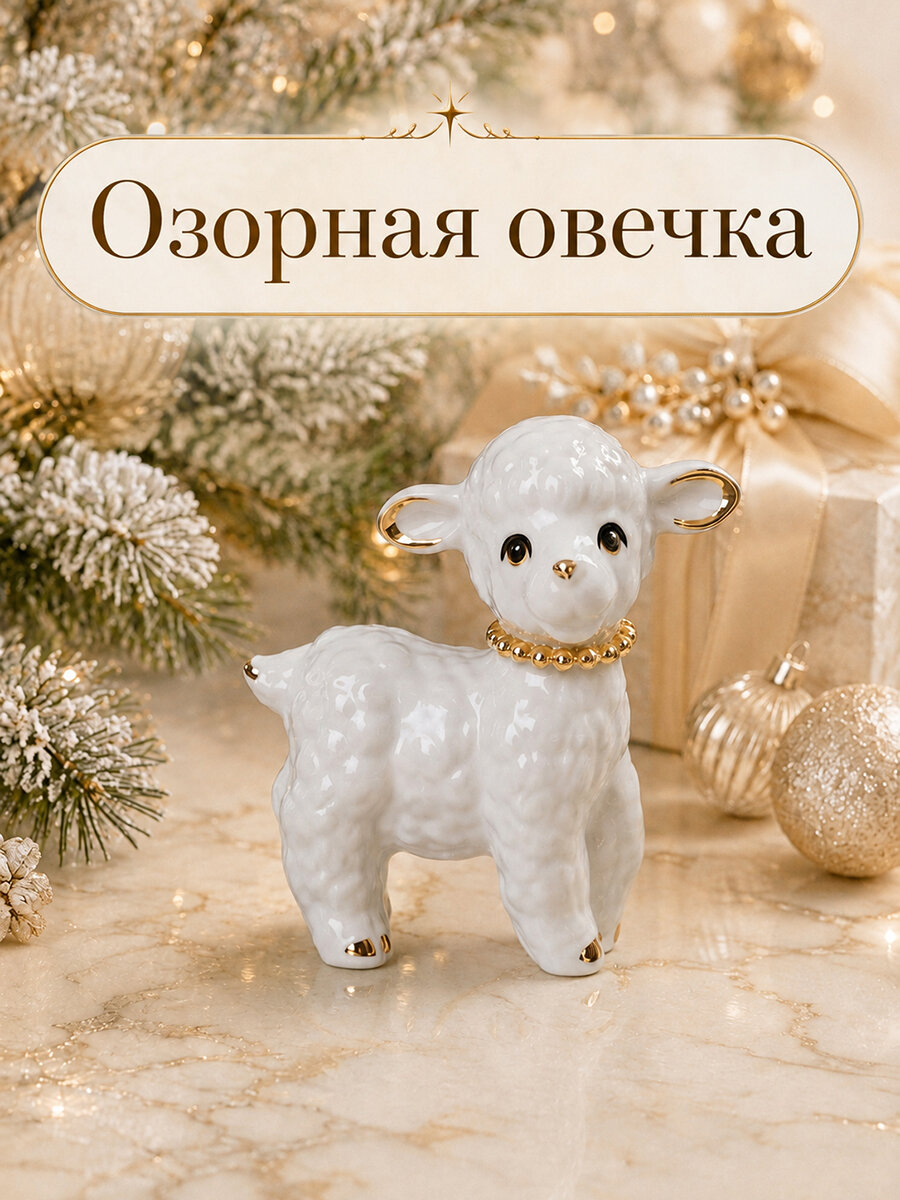 Фигурка декоративная 10х5х9,5 см Elan Gallery Озорная овечка белый с золотистым, фарфор