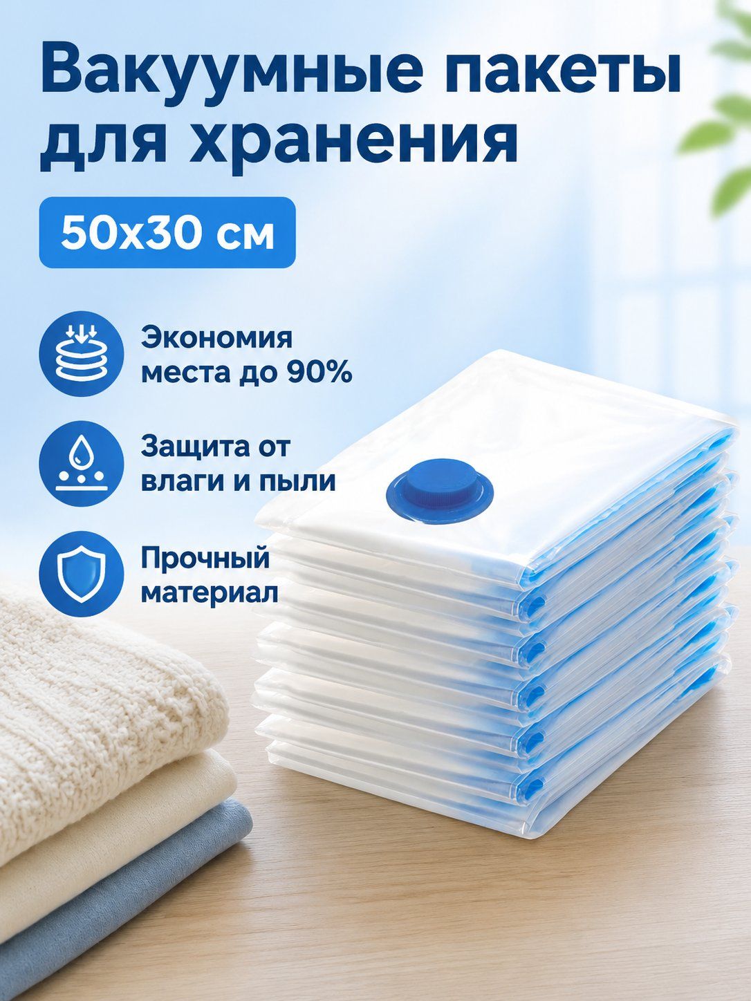 Вакуумный компрессионный мешок для одежды и постельного белья, мини 50 30 см, прозрачный с синей каймой, с клапаном