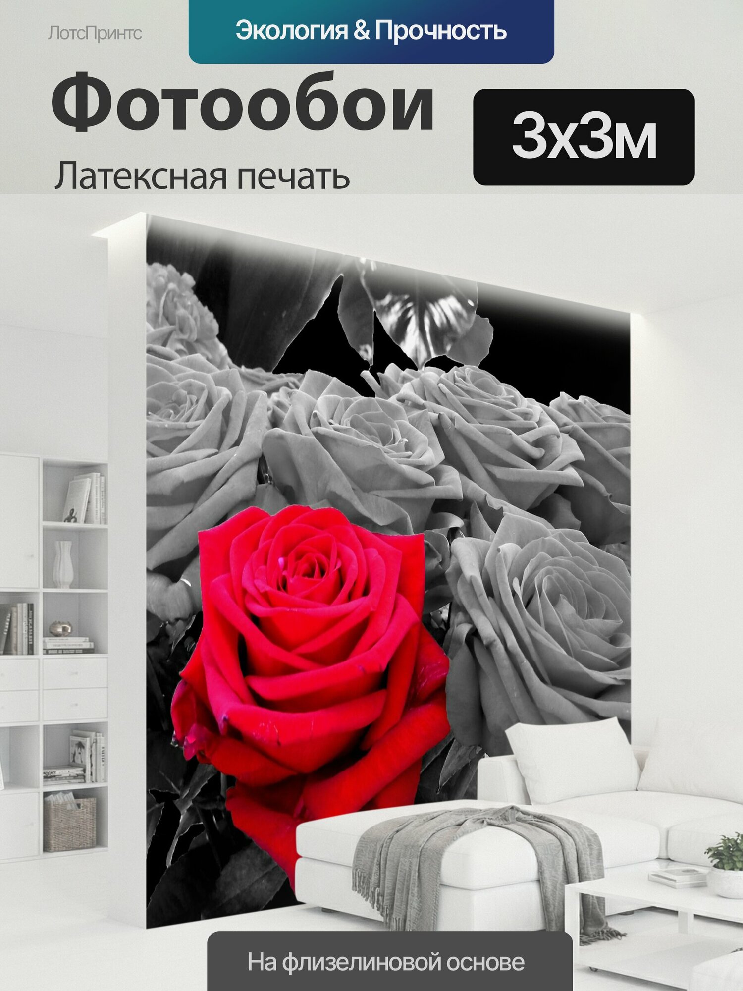 Фотообои моющиеся ударопрочные "Розы, красный, черно-белый" 300x300 см. латексная печать