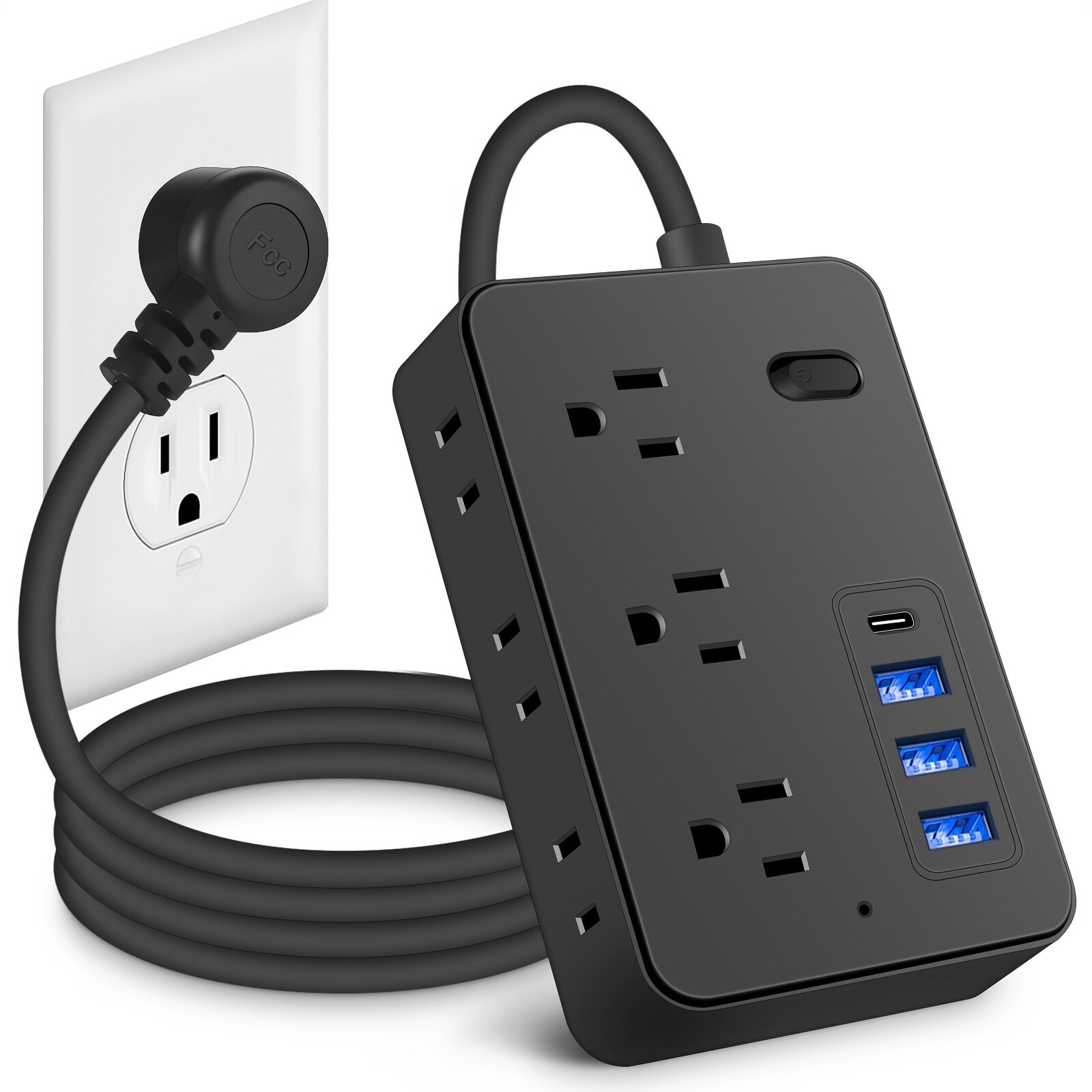 Удлинитель розеток с USB-портами, зарядная станция для прикроватной тумбы, офиса и путешествий, 110/220 В, штекер США, цвет: черный