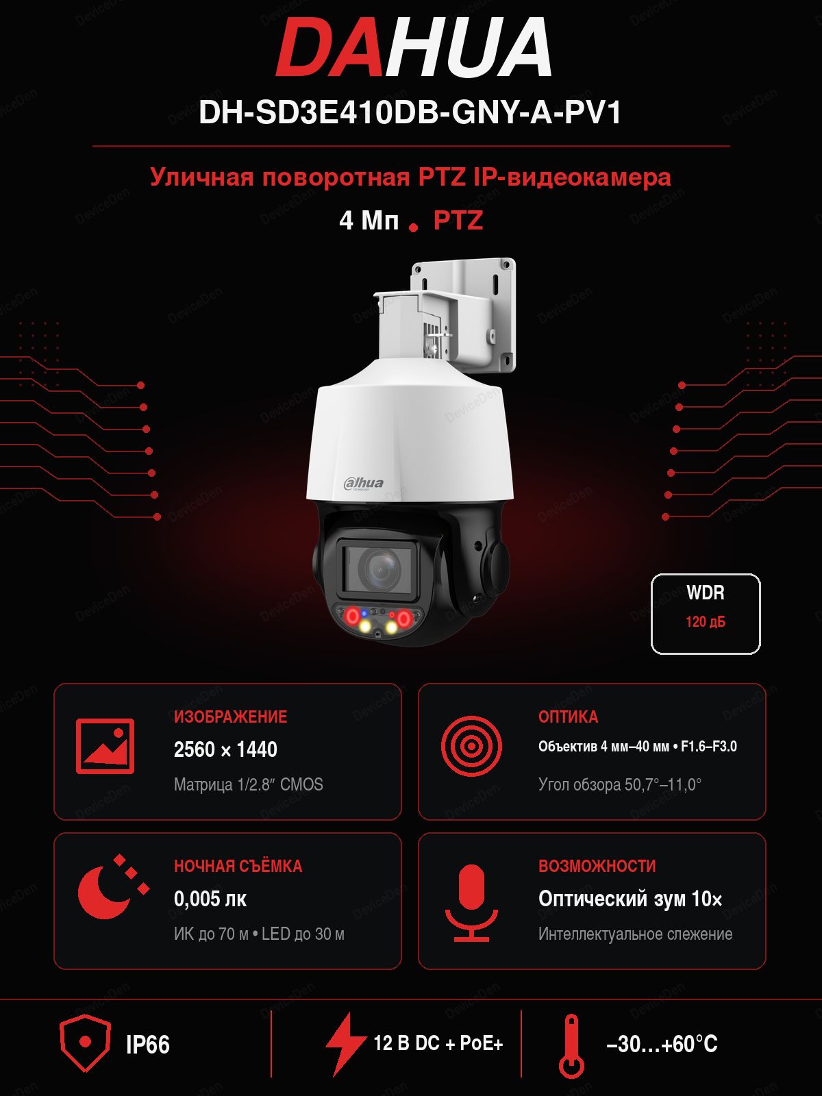 Dahua DH-SD3E410DB-GNY-A-PV1 - 4 Мп уличная поворотная PTZ IP-камера, объектив 4-40 мм, встроенный микрофон, PoE