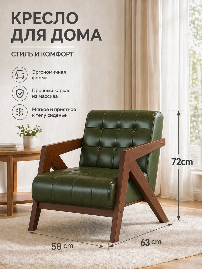 Стул с обивкой из экокожи под масляную кожу, зелёный, с пуговицами, ножки под орех