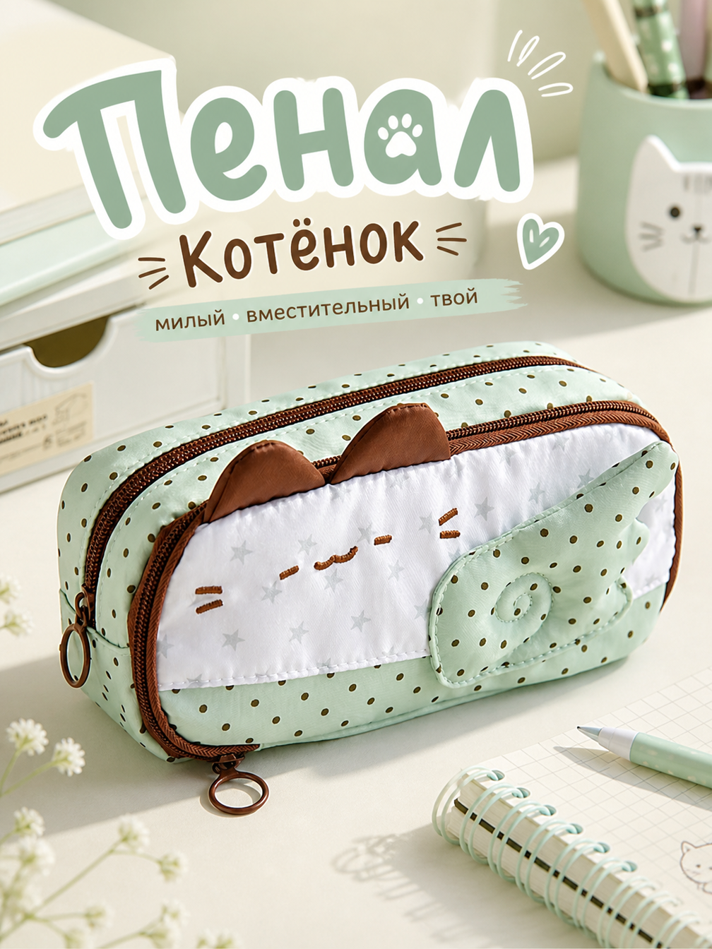 Пенал-кошечка вместительный и удобный, мятный с котёнком из холста, для школы и офиса