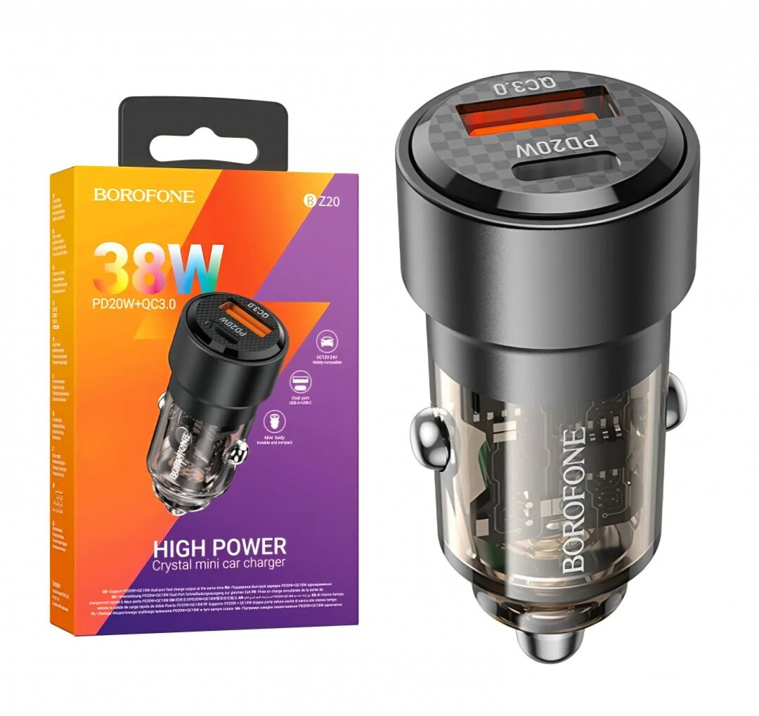 Автомобильная зарядка Type-C, USB Borofone BZ20, 38W, QC3.0, PD, черный