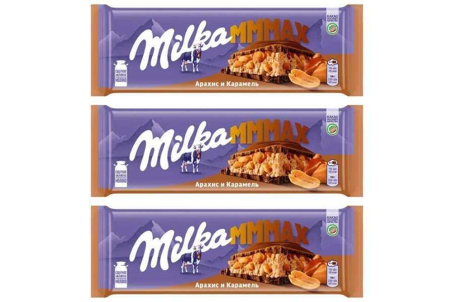 Милка молочный шоколад с карамельной начинкой, с воздушным рисом и кусочками арахиса, 270 г, 3 шт