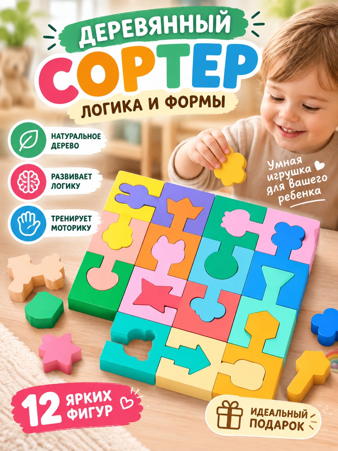 Деревянный сортер "Логика и формы", развивающая игрушка для малышей