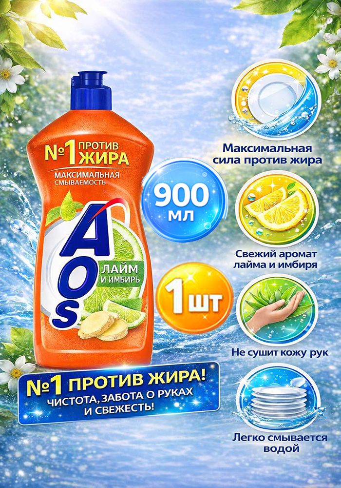 Средство для мытья посуды Aos (Аос) Лайм и имбирь, 900 мл х 1шт