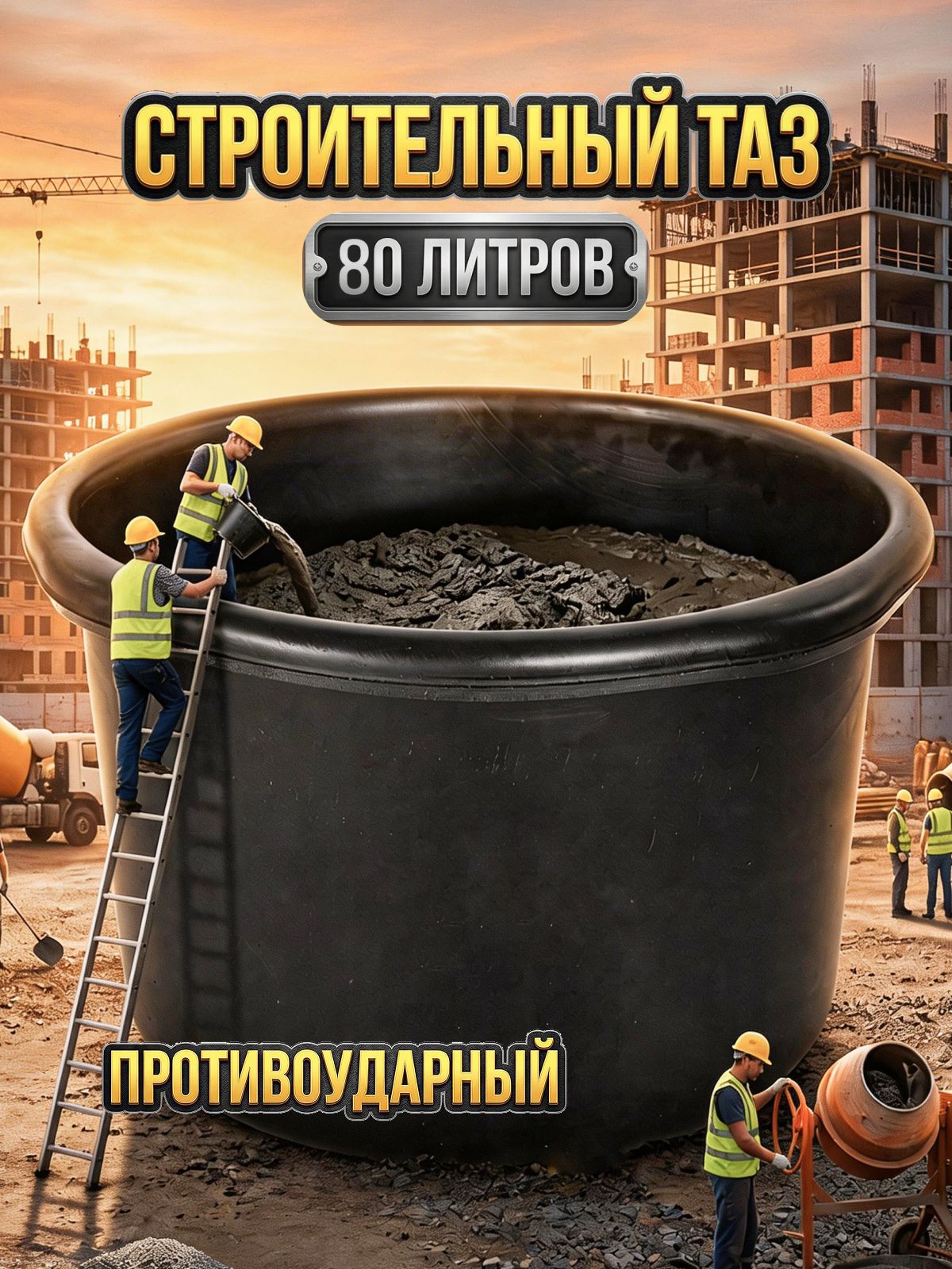 Таз ударопрочный 80 л, пластиковый, строительный.