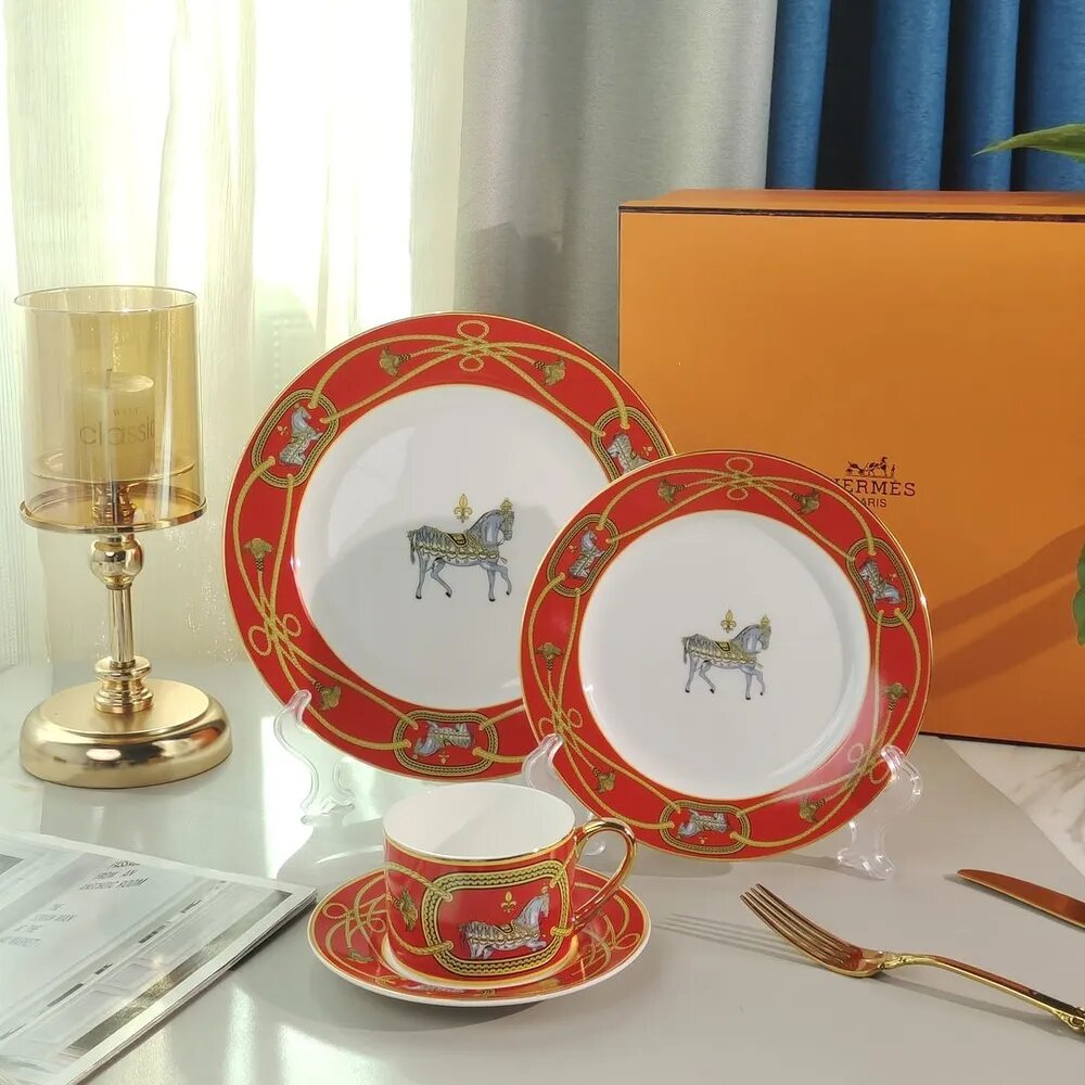 Тарелка Hermès 20 см, 4 шт, костяной фарфор, белый, малиновый, с рисунком