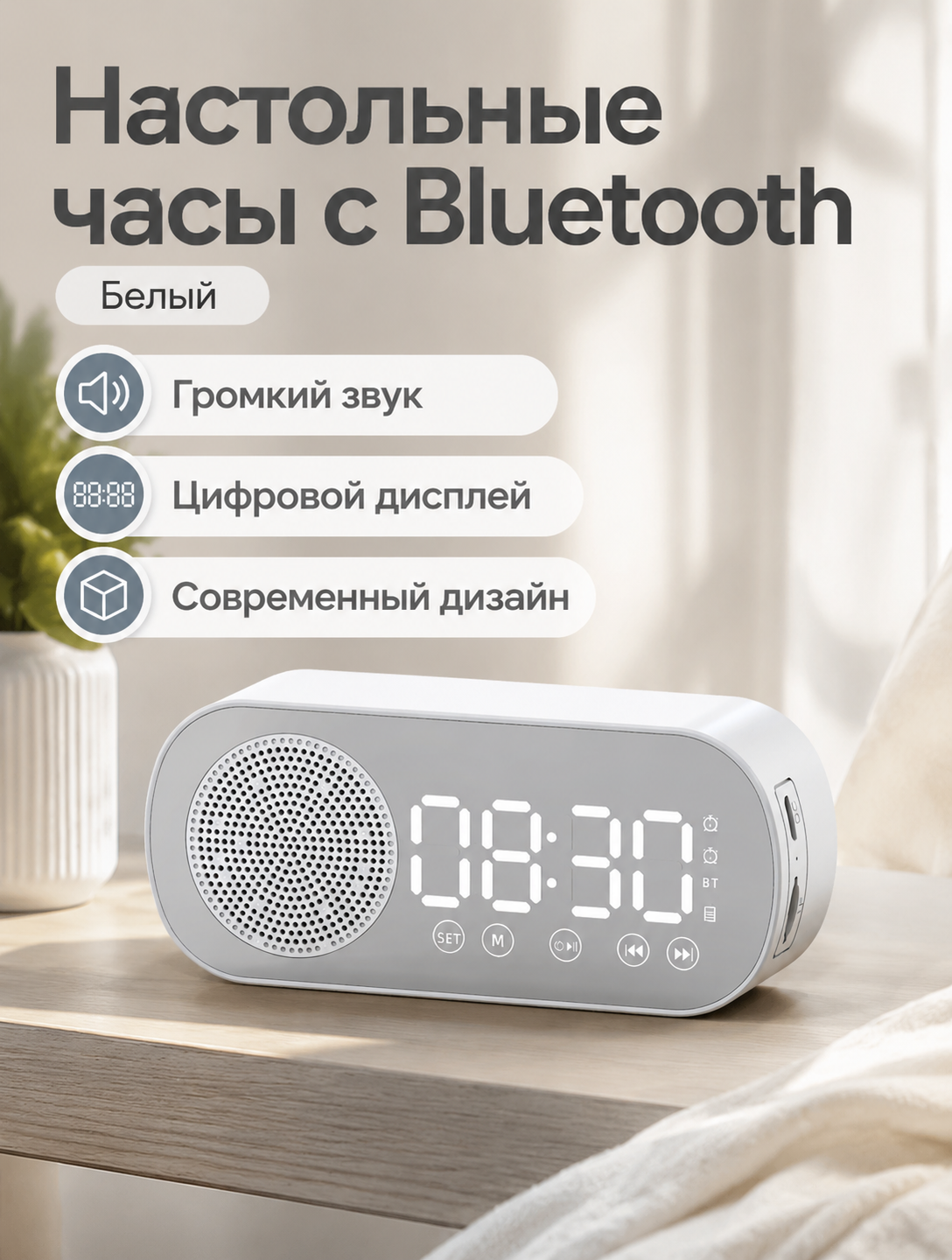 Портативная Bluetooth колонка с часами и будильником, версия 5.0, защита IPX5, глубокий бас, пластиковый корпус, белый цвет