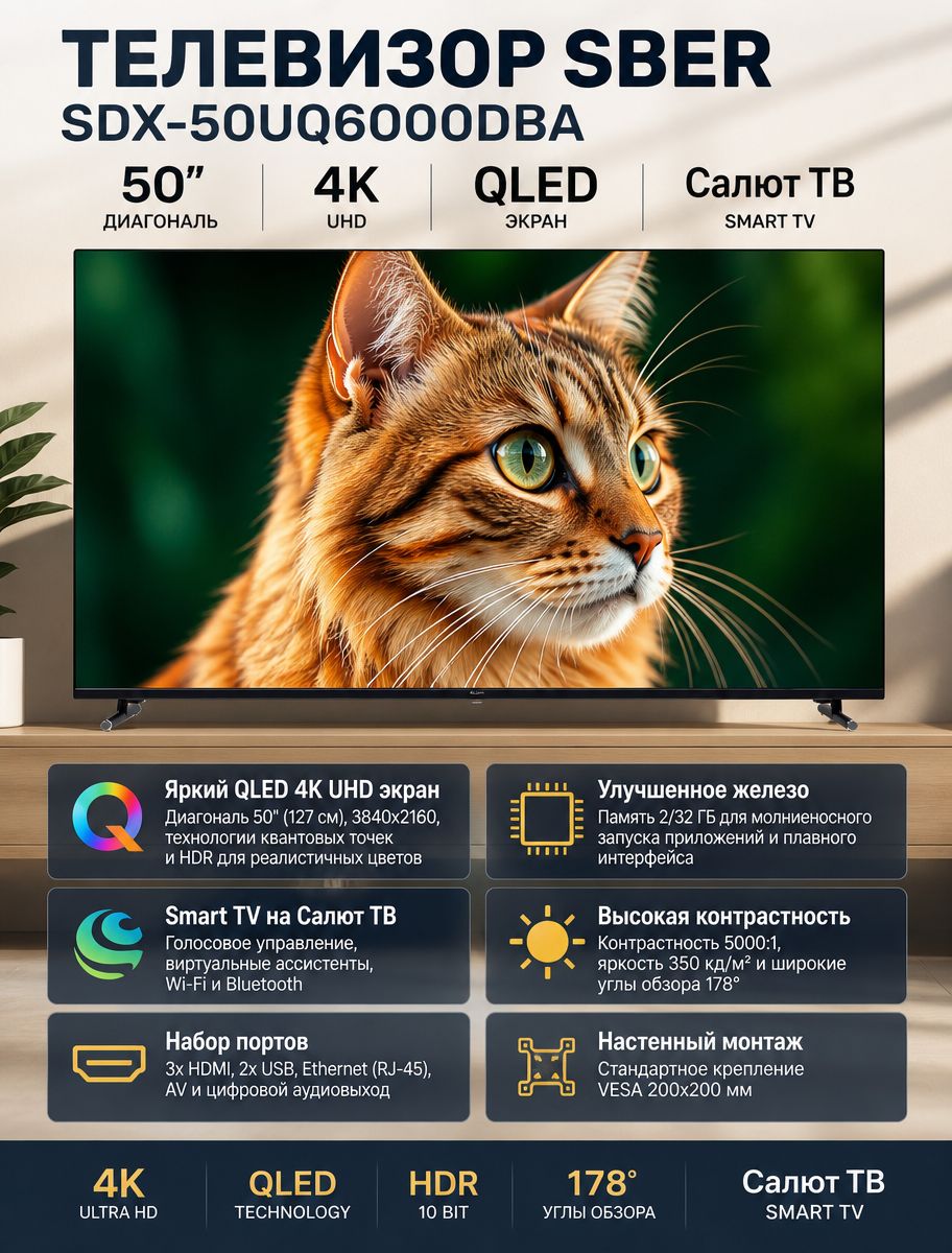 Телевизор Sber SDX-50UQ6000DBA 50" QLED 4K UHD, Салют ТВ, черный