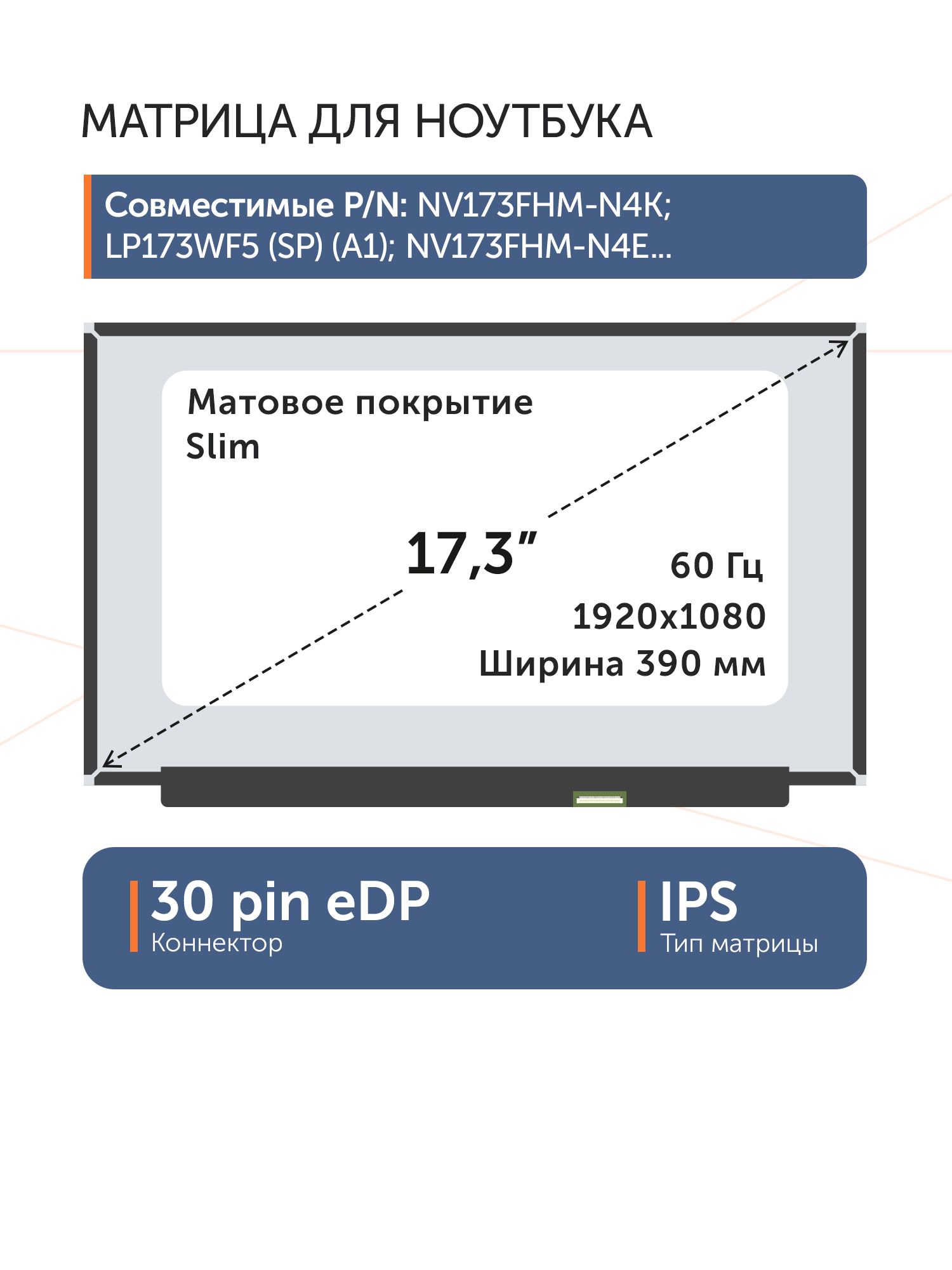 Матрица 17.3" N173HCE-E3A, 30 pin eDP, Slim, 1920x1080, AAS, матовая, без креплений