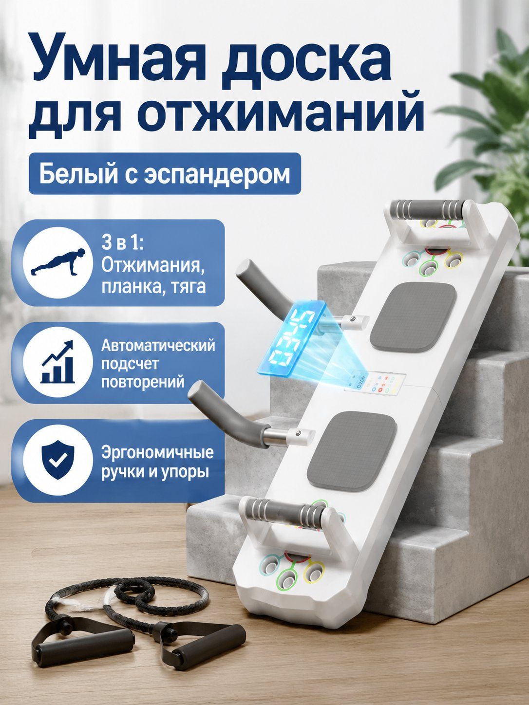 Комплект тренажера для отжиманий из 2 предметов: доска с регулируемой шириной и эспандер, белый, ABS