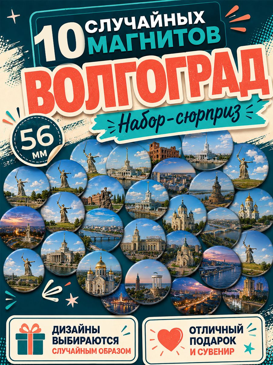 Магниты Волгоград 10 шт рандомные 56 мм