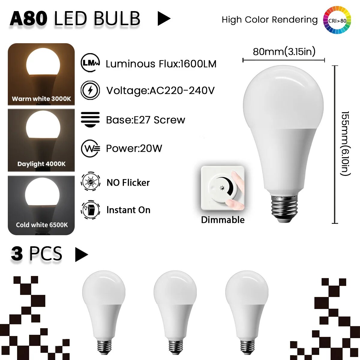 Derec 20 Вт светодиодная лампа с регулируемой яркостью E27 3PCS, Daylight 4000K