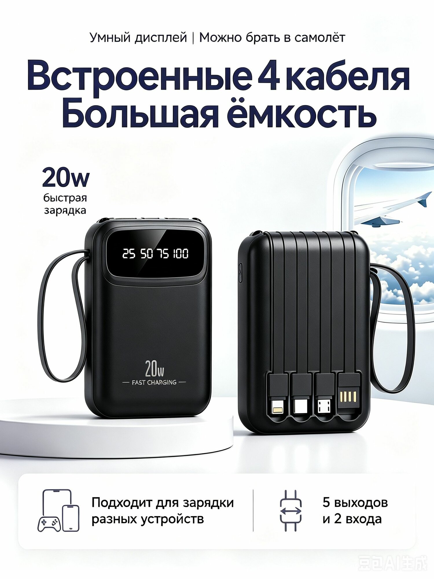 Внешний аккумулятор, 20000 мАч, 10 Вт, черный