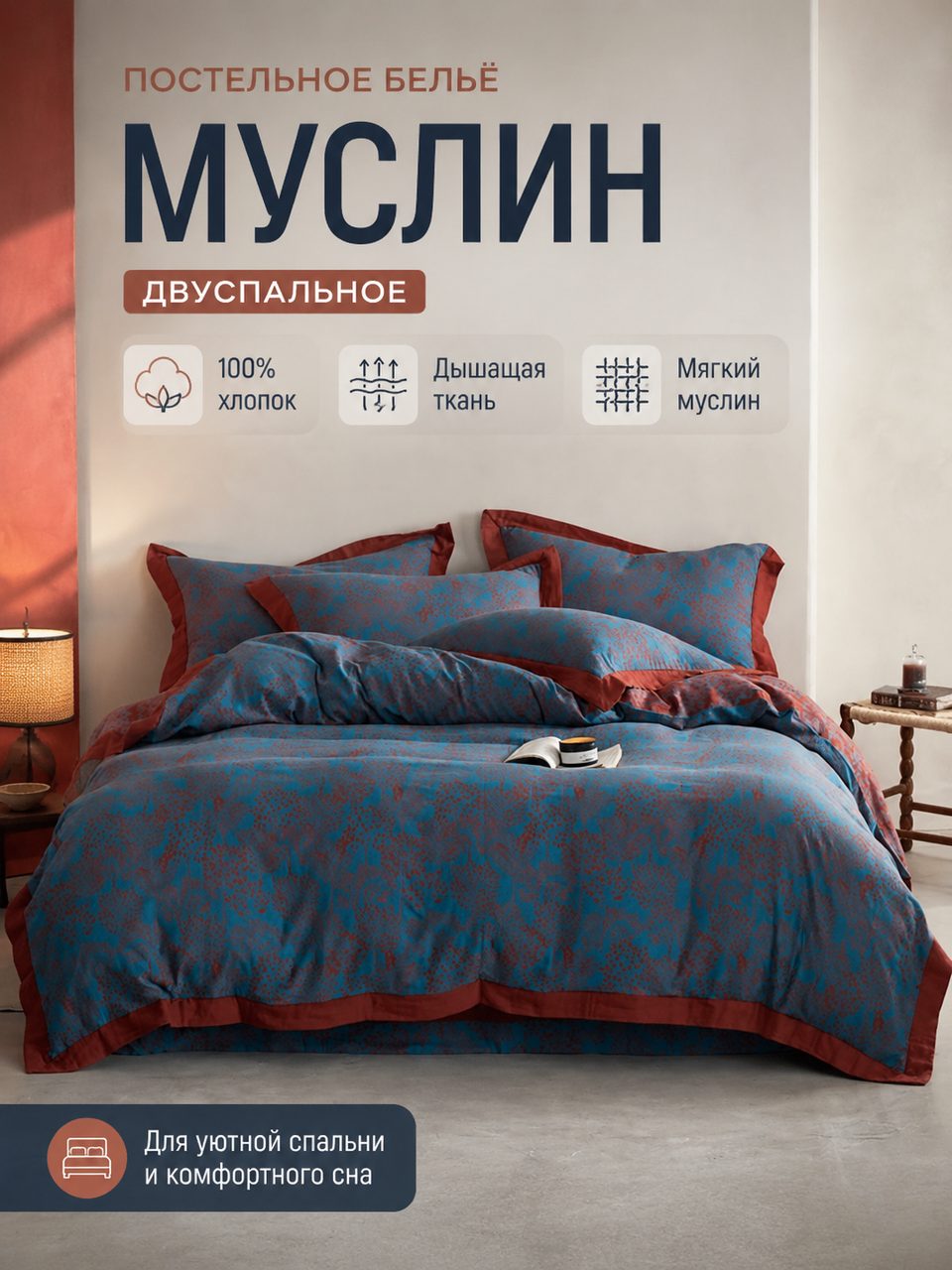 Постельное бельё Pantera Home "Muslin collection", двуспальное, хлопок, муслин, синее/бордовое