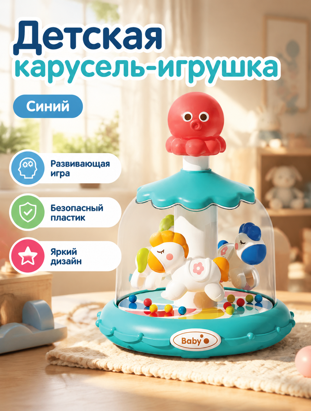 Развивающая игрушка с вращением карусель тематика синий цвет пластиковый корпус ABS для детей