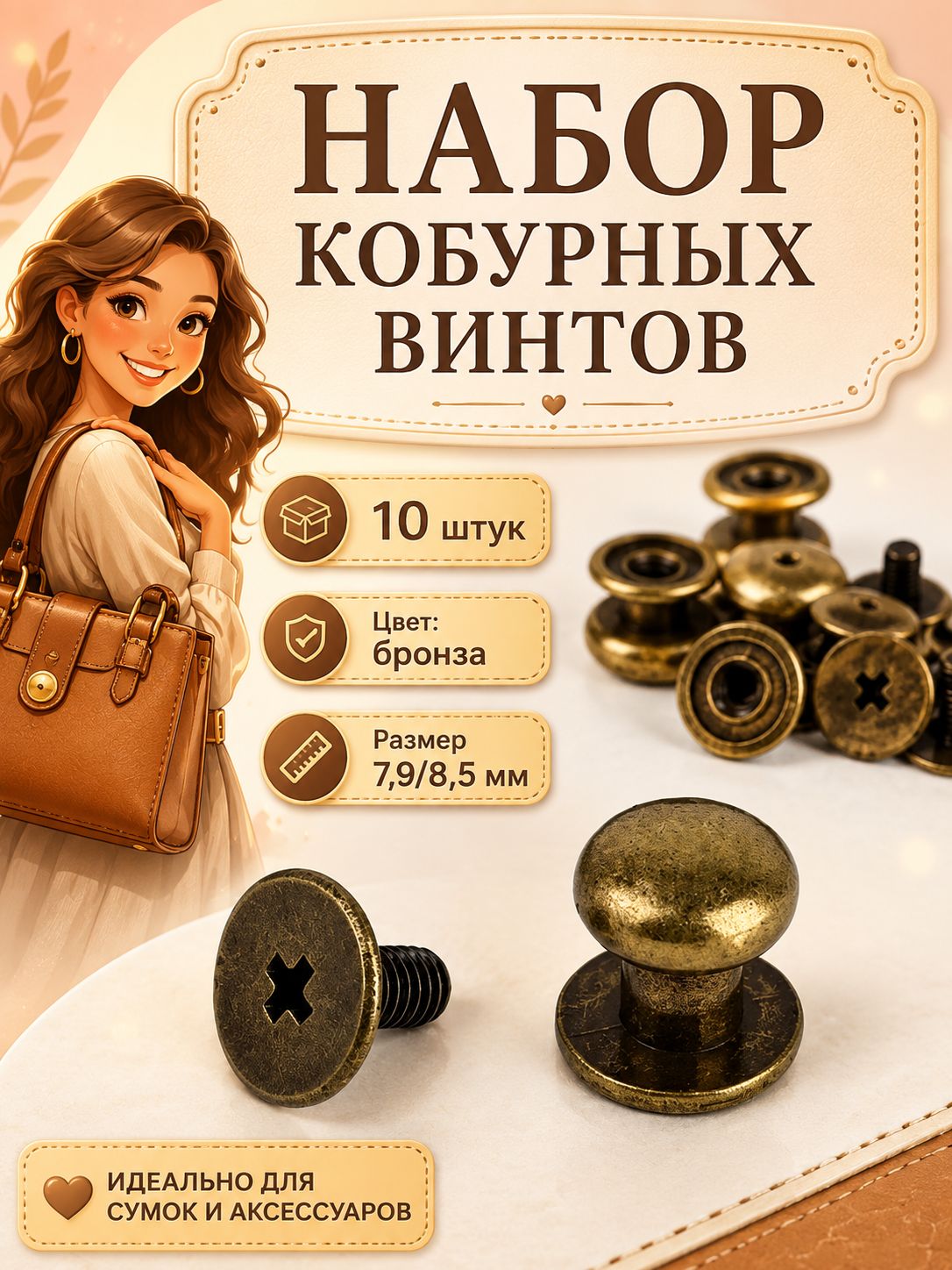 Набор кобурных винтов 7,9/8,5 8,5 мм, 10 штук, бронзовые