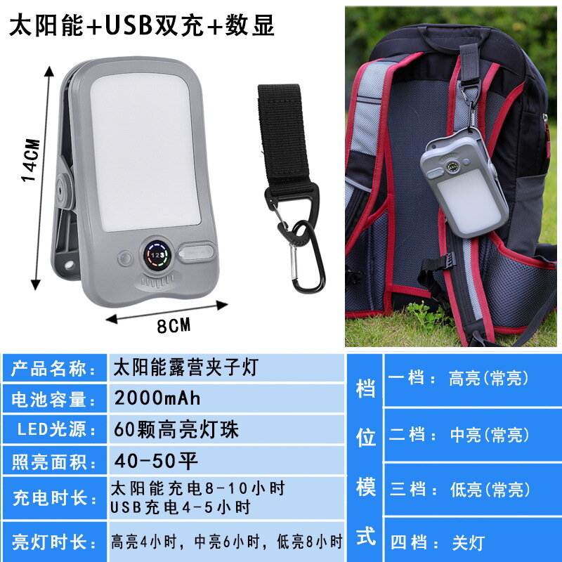 Новый USB-заряжаемый клипса-светильник, солнечный кемпинговый фонарь, портативный, Серый, 1 шт