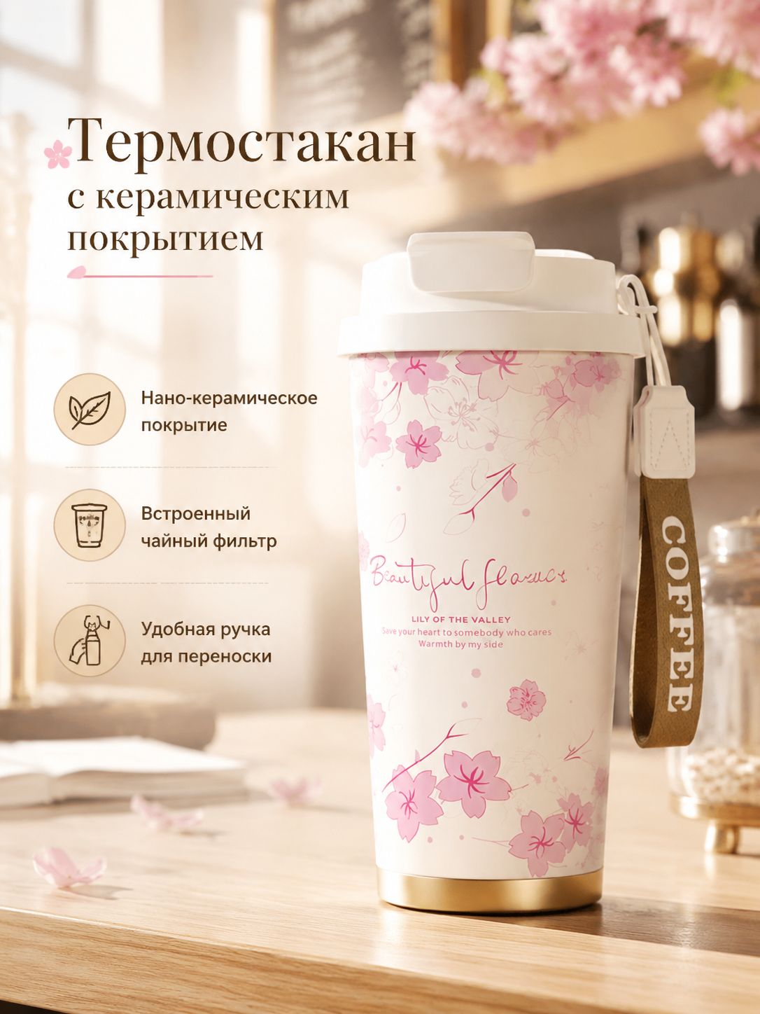 Термокружка с керамическим покрытием и фильтром для чая, 520 мл, дизайн Сакура из серии Ван Гог, нержавеющая сталь