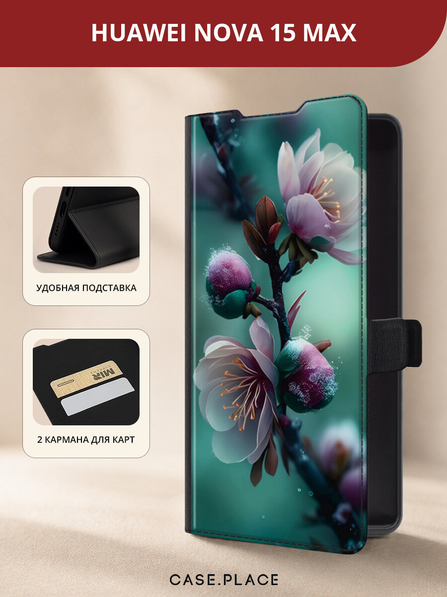 Чехол-книжка на Huawei Nova 15 Max / Хуавей Нова 15 Макс с принтом Цветущая веточка, черный
