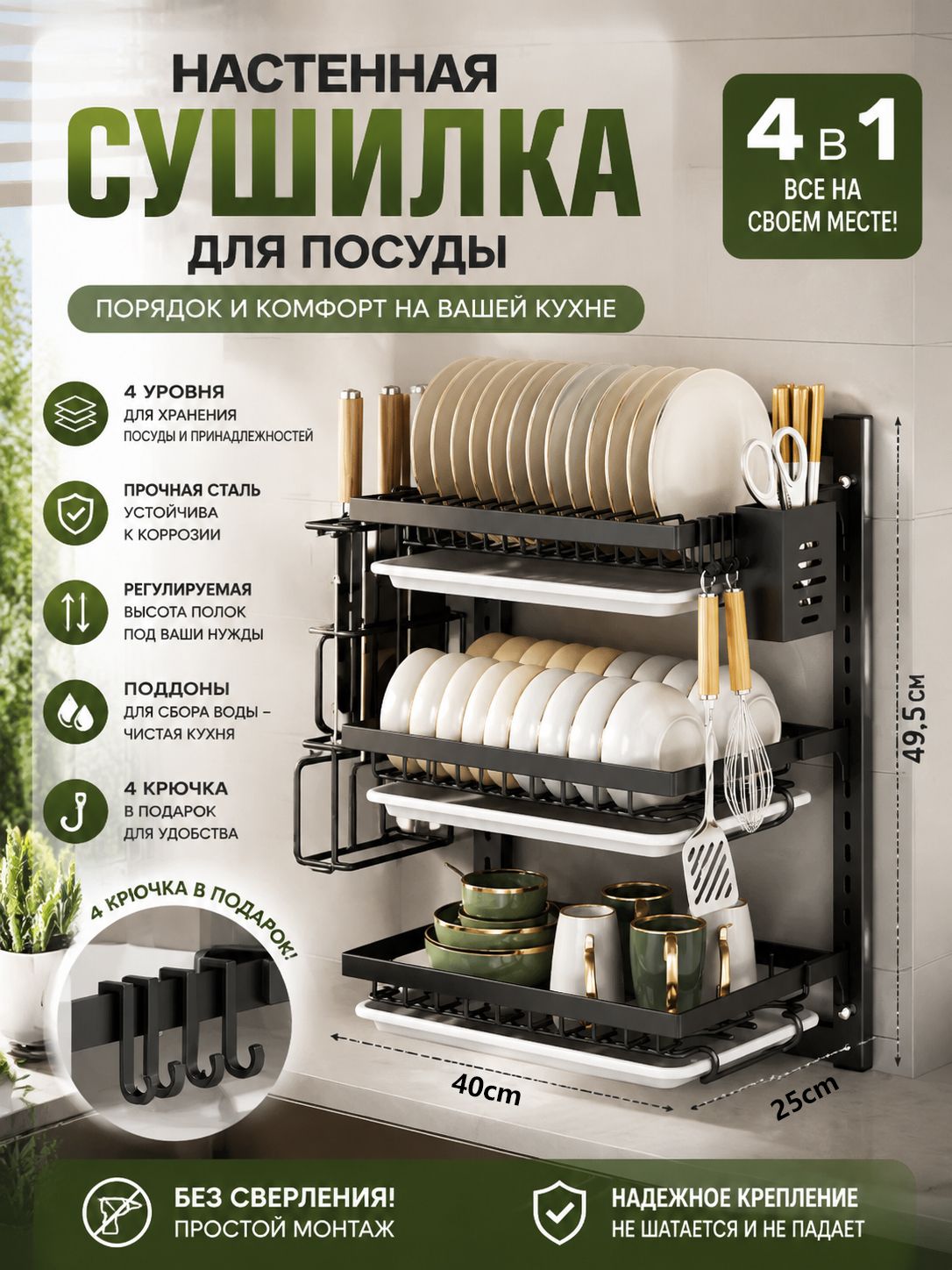 Сушилка для посуды 25 см x 40 см х 49.5 см установка настенная углеродистая сталь черный матовый