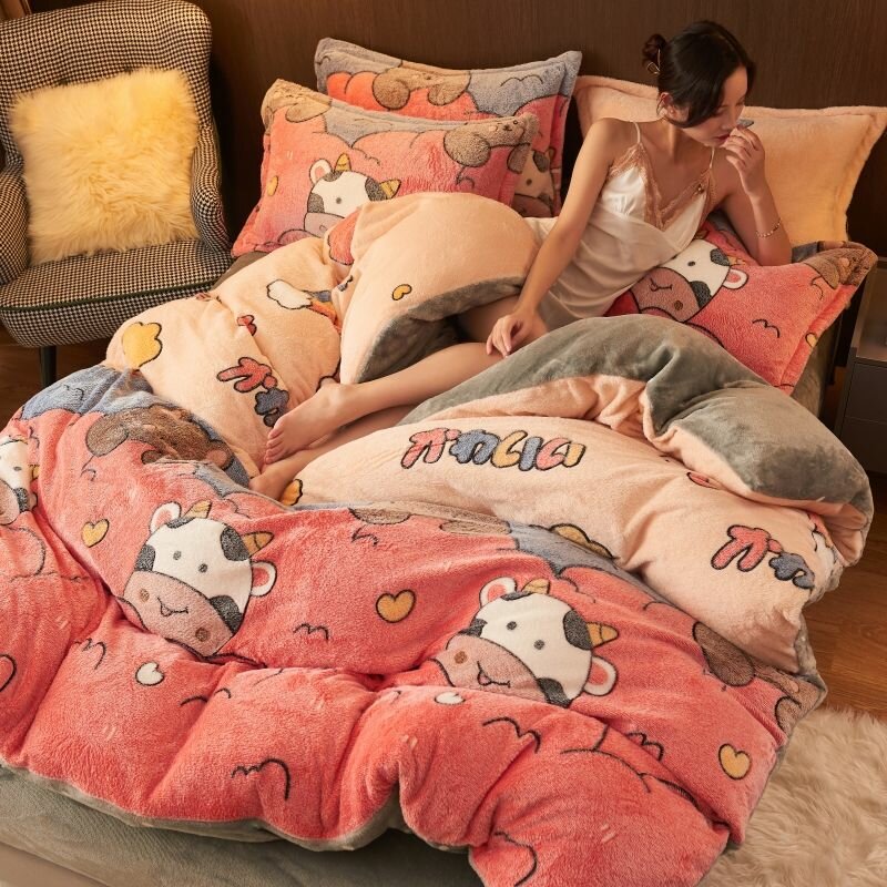 Зимний флисовый молочный бархатный пододеяльник, утолщенный фланелевый двусторонний коралловый флис, теплый комплект для студенческого общежития, четырехкомпонентный набор