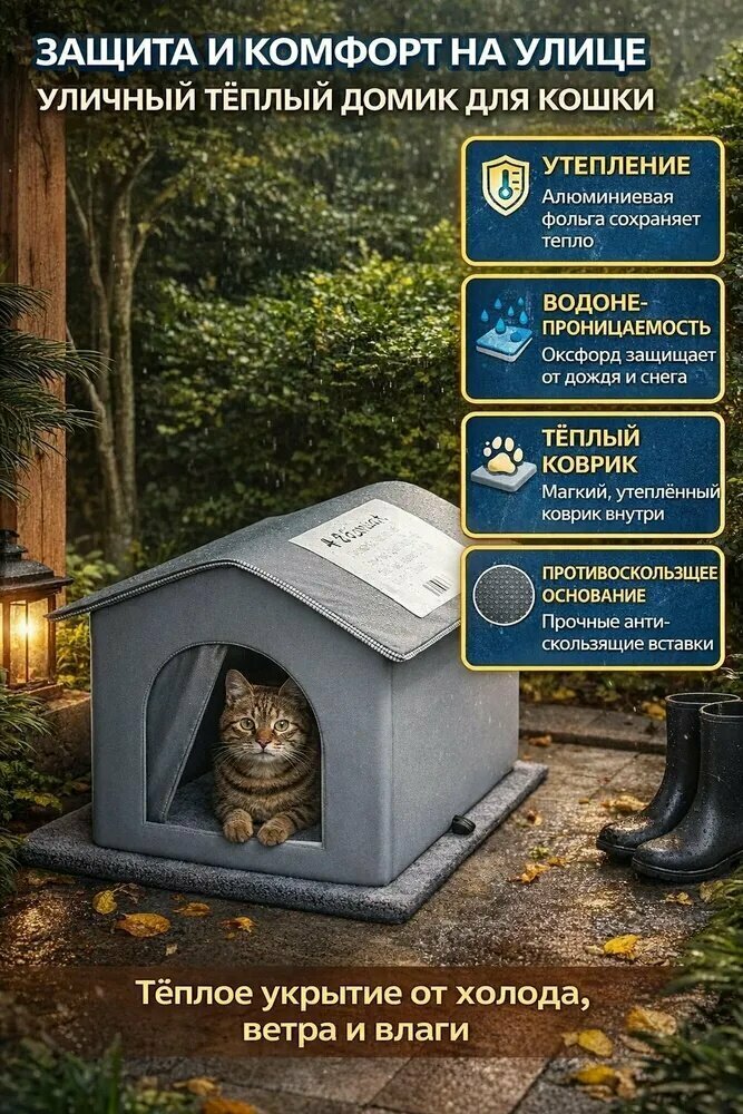 Кошачий дом с тепловой подушкой для улицы Водонепроницаемое уличное укрытие для щенков и кошек Размер 36*36*36 см 1pcs