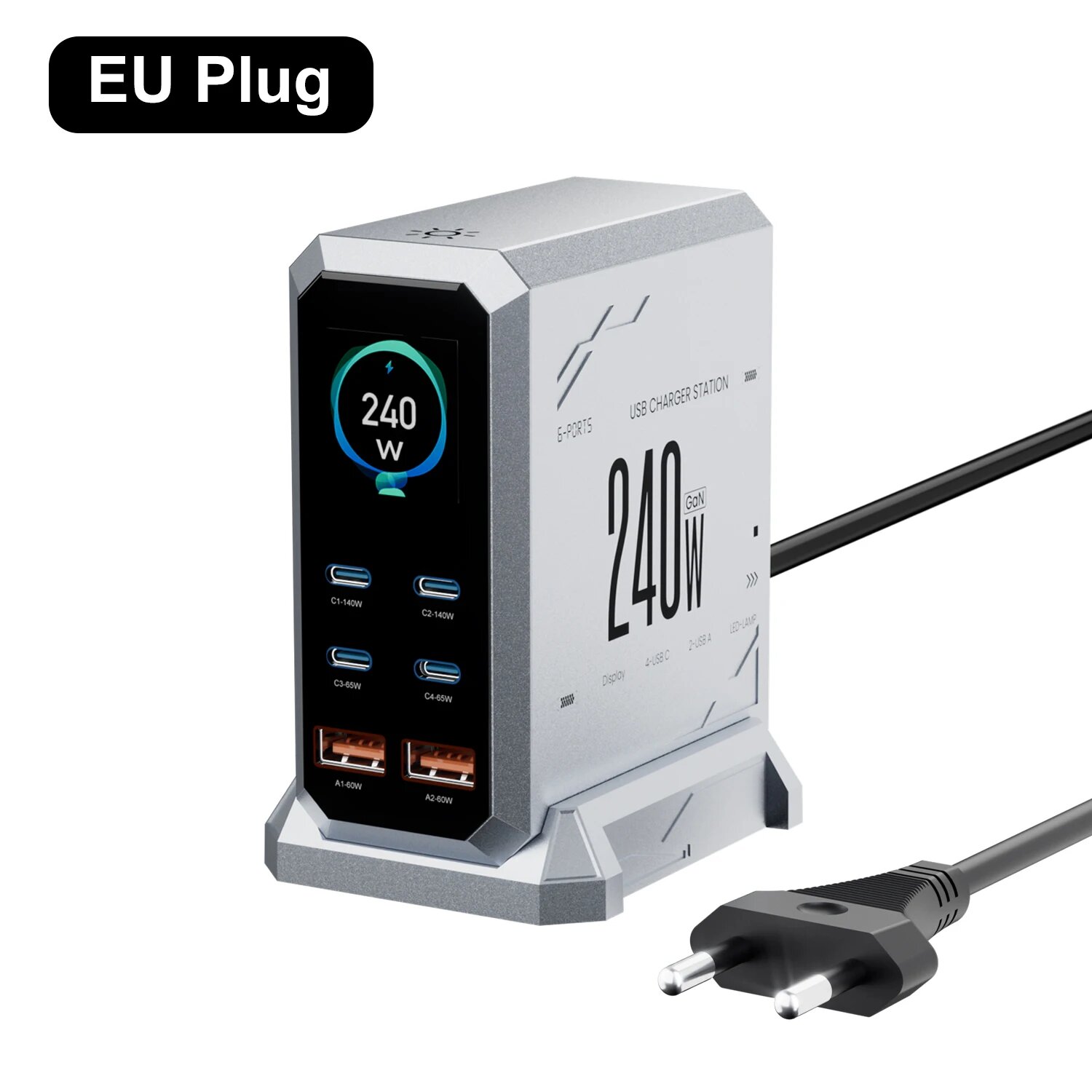 Зарядное устройство GaN 240W 6-в-1 EU Plug с дисплеем