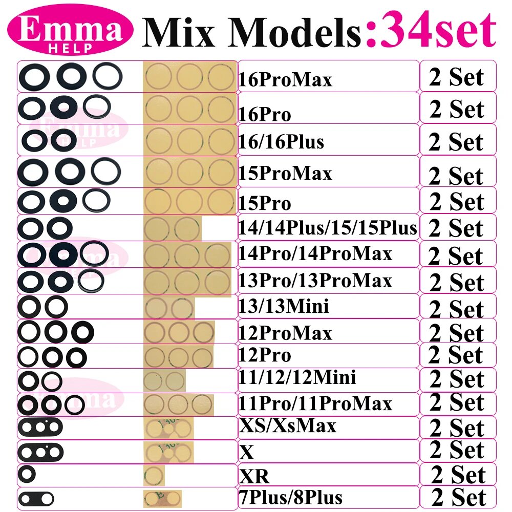 34 комплекта замены стекла объектива задней камеры для iPhone 16 13 Mini 14 15 Plus 12 Pro Max объектив задней камеры 34set 16PM to 7P