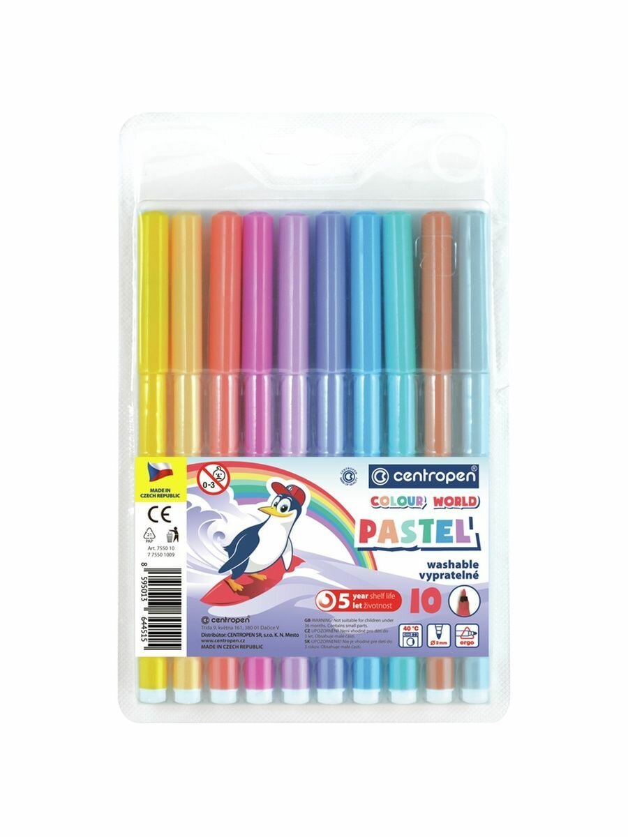 Фломастеры Centropen "Colour World. Pastel", 10цв, трехгранные, 2мм, смываемые, блистер, 7 7550 1087
