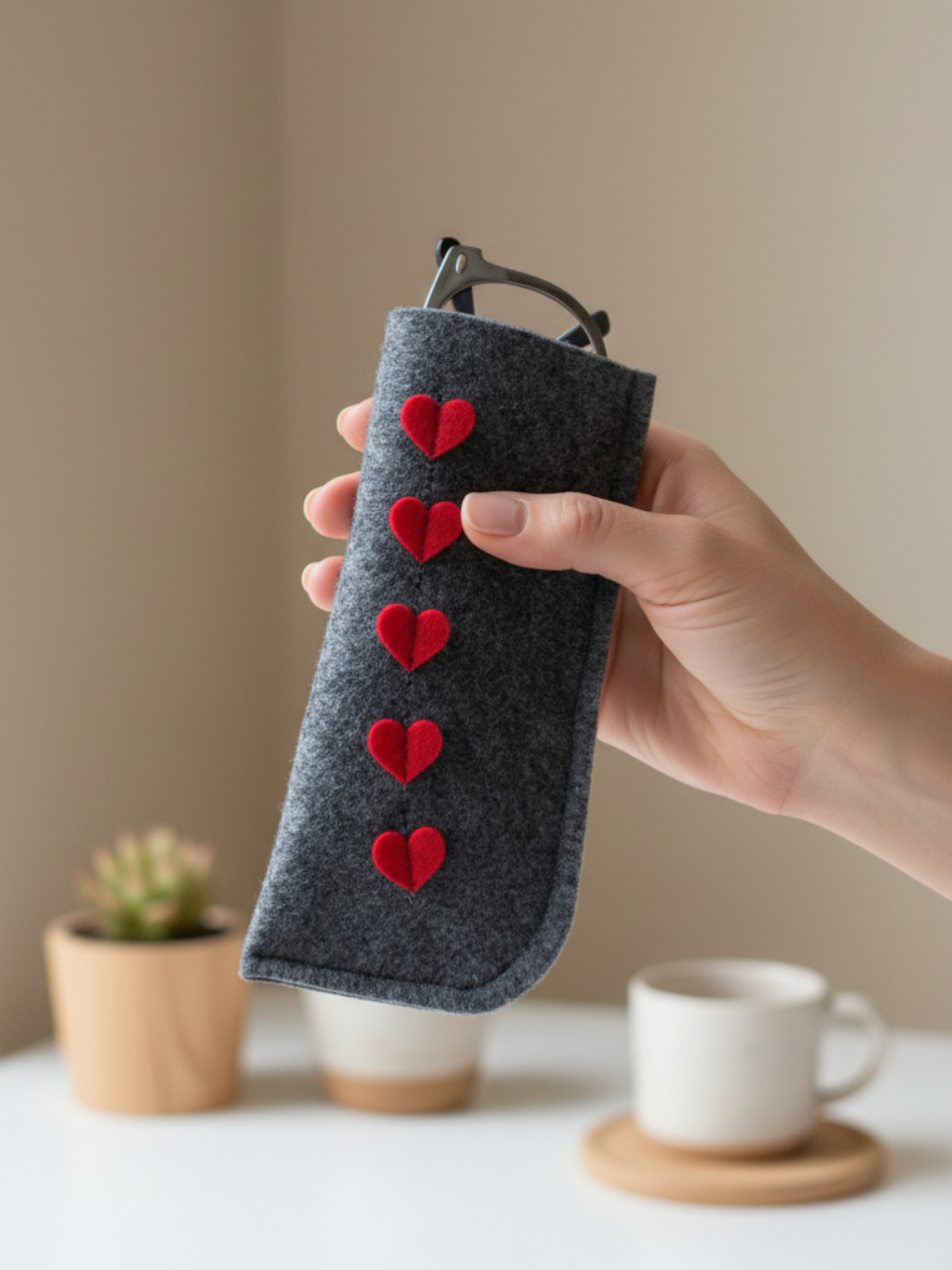 Чехол для очков мягкий, очечник, "Сердца", фетр, ручная работа, серый графит