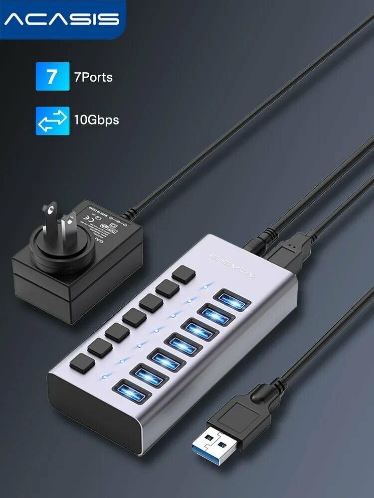 УСБ- б ACASIS с 7 портами USB 3.1 и скоростью передачи данных 10Gbps, алюминиевое корпусо, alimentируемый 24W блоком питания, для ПК/ноутбука, компьютера, флэш-накопителя, принтера, камеры.
