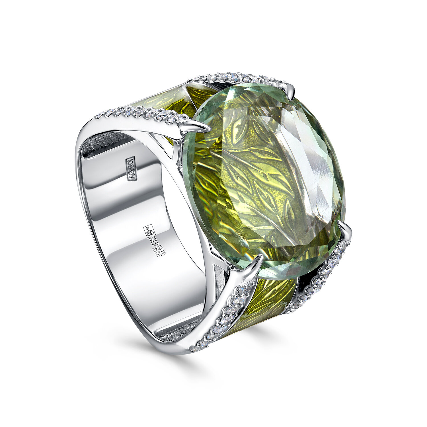 Кольцо, белое золото, 585 проба, бриллиант, празиолит