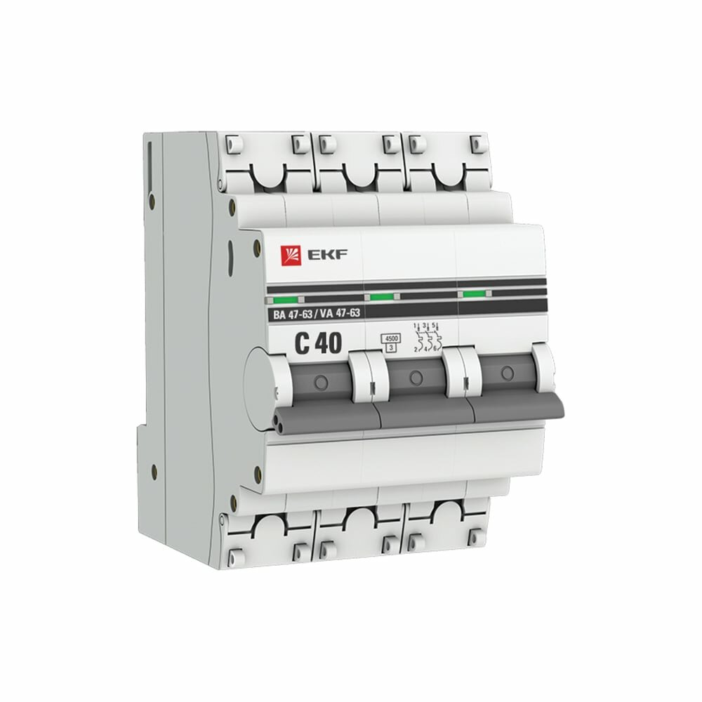 Автоматический выключатель EKF 3P 40А (С) ВА 47-63 4.5кА PROxima mcb4763-3-40C-pro