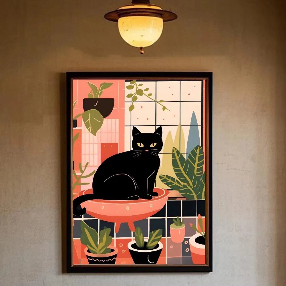 Абстрактный принт на холсте "Черная кошка, читающая газеты на Черный, WO1769-6, 20X30cm Unframed